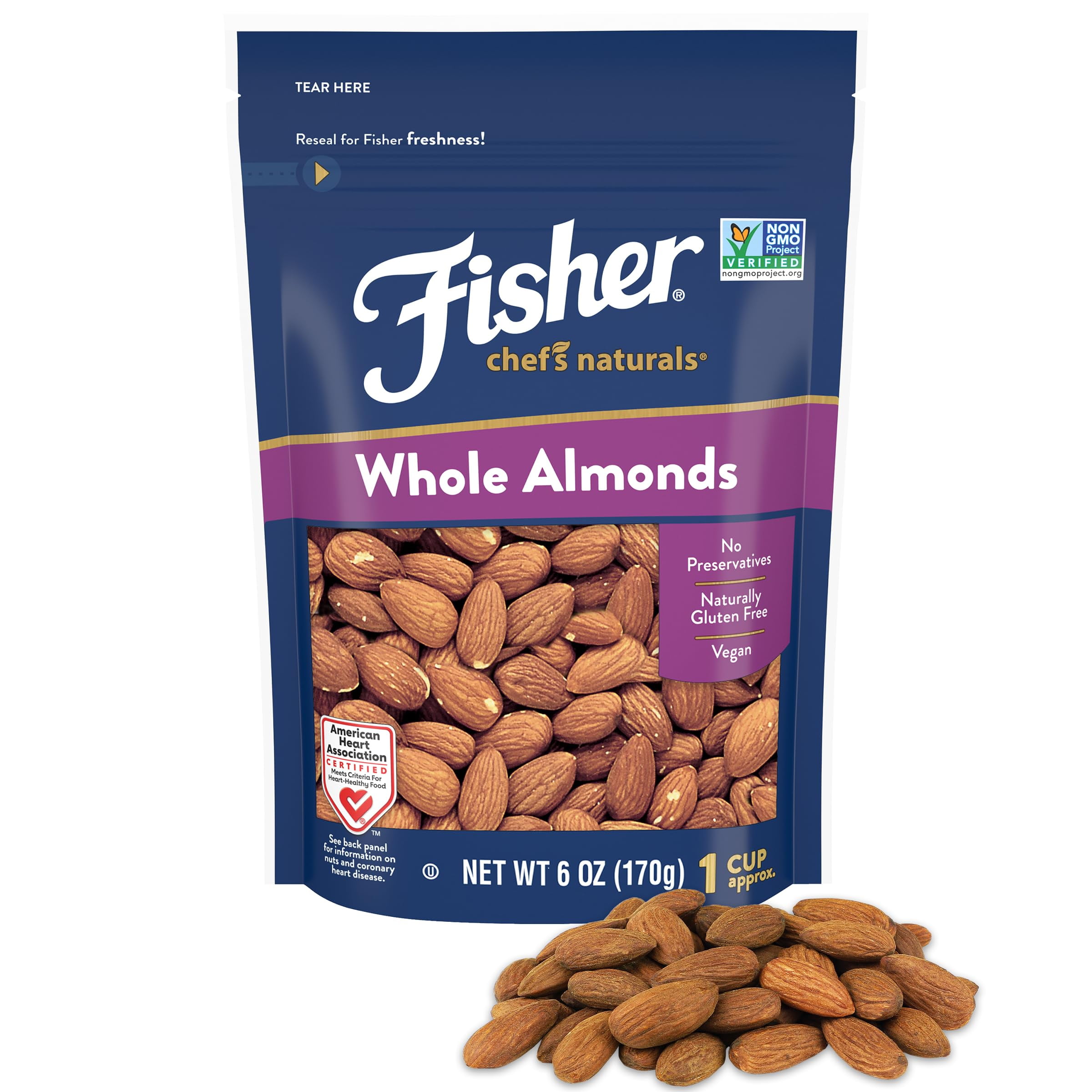 Fisher Chef’s Naturals Whole Almonds, 6 SMRoz Resealable Bag, Unsalted ...
