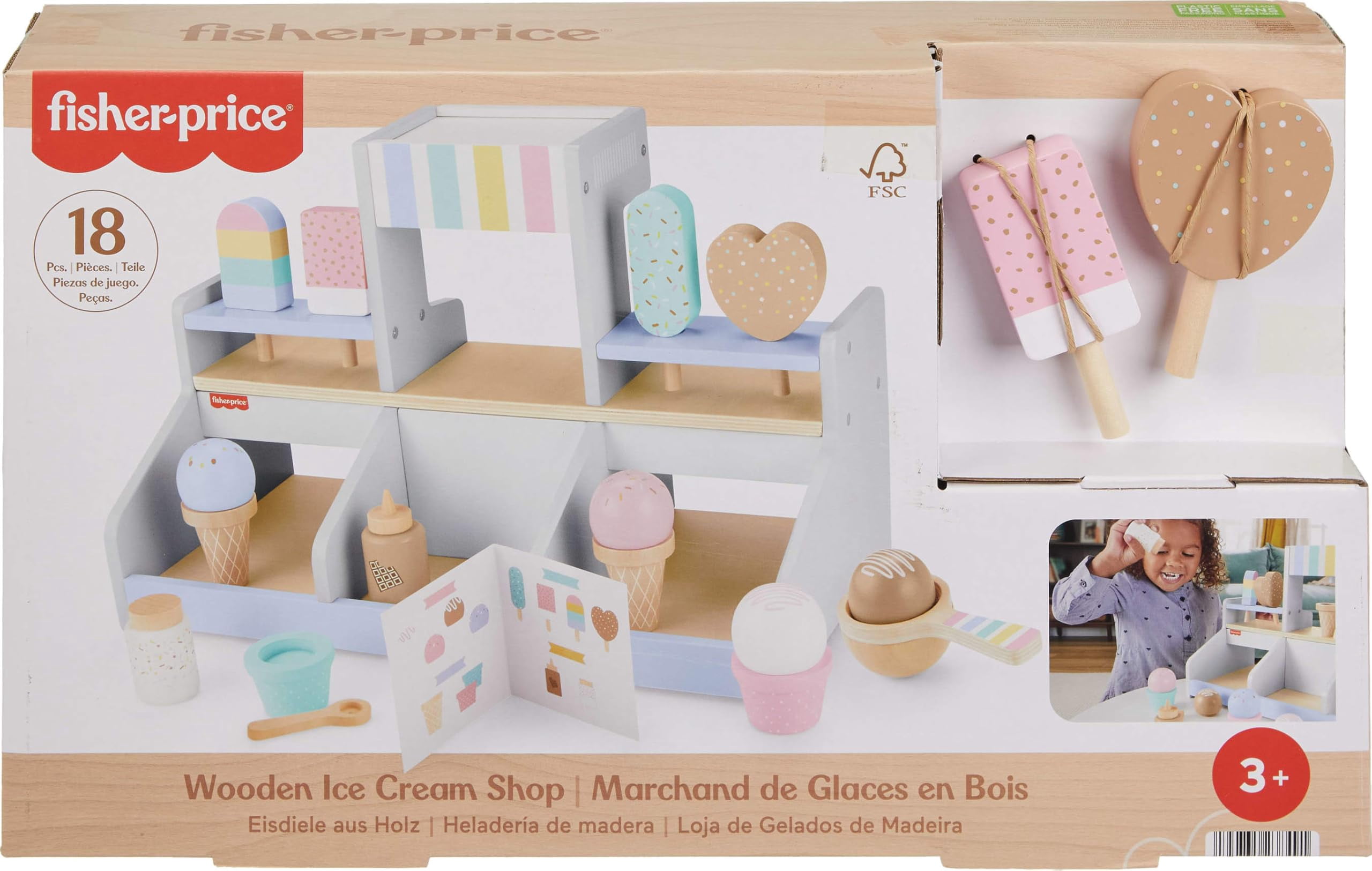 Fisher-Price Wood Pretend Play Toy Ice Cream Shop Set, 18-Piece Wooden ...