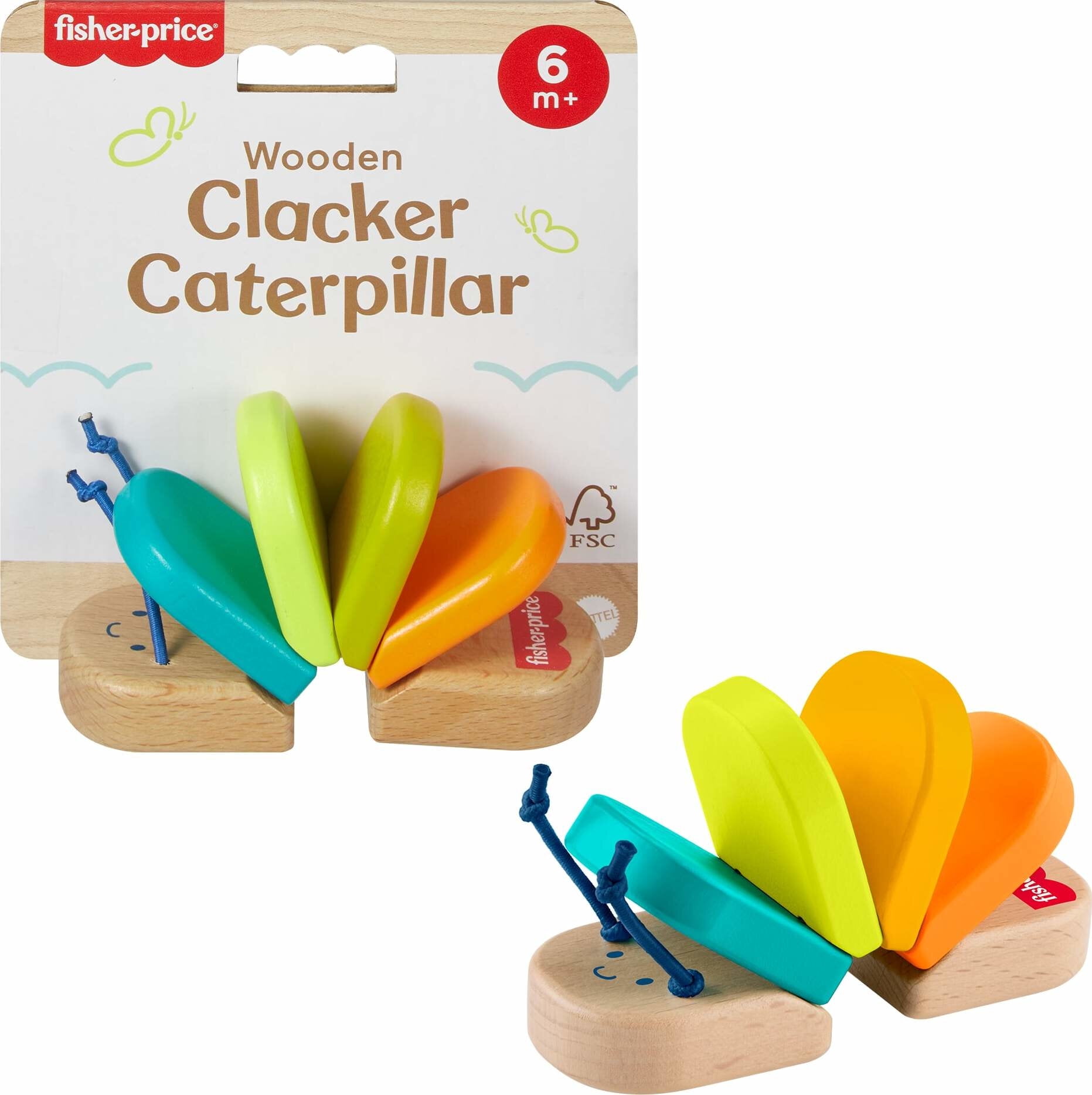 Fisher-Price Wooden Clacker Caterpillar Developmental Activity Rattle ...