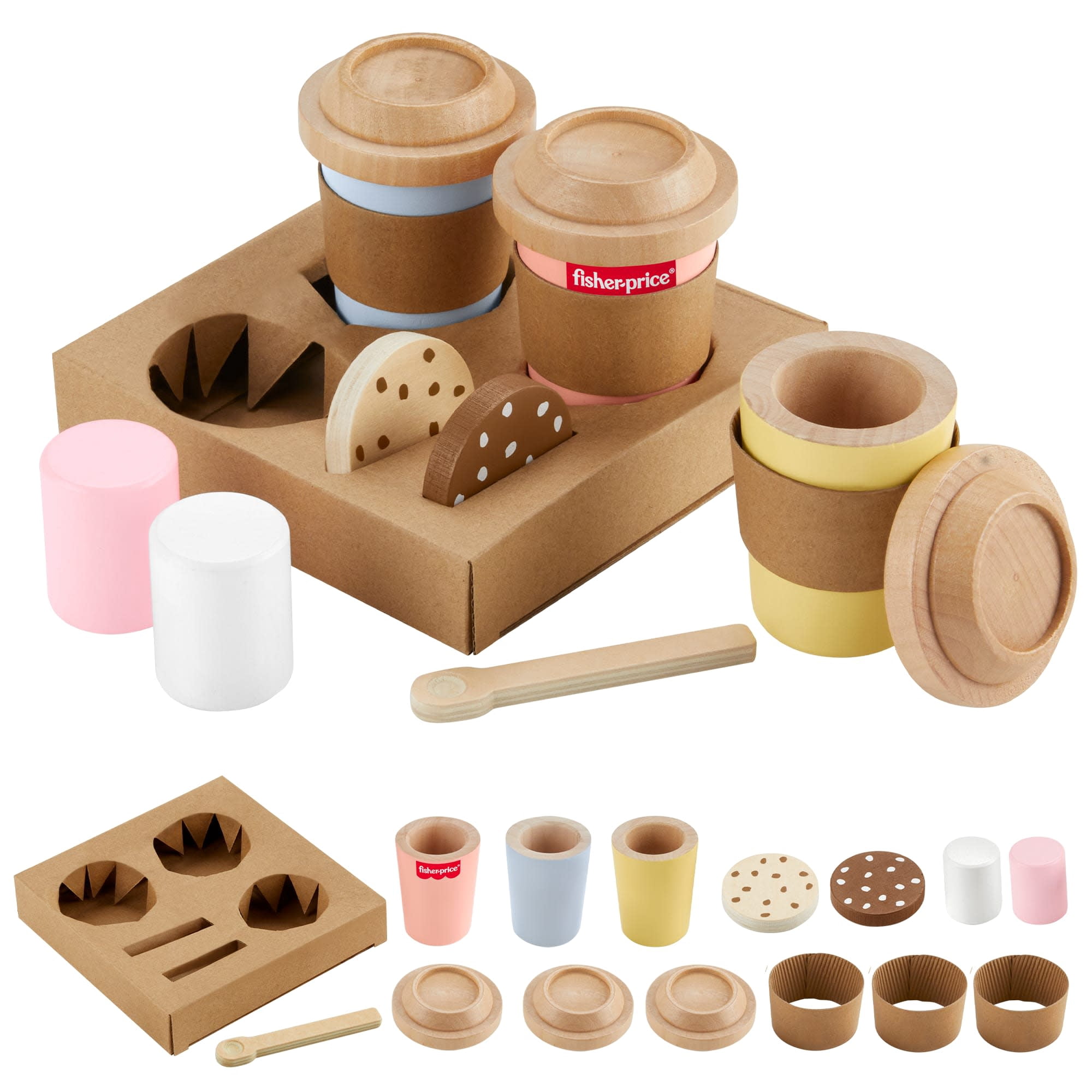 Fisher-Price Wooden Coffee To Go Set, 15-Piece Cafe Playset Toddler ...