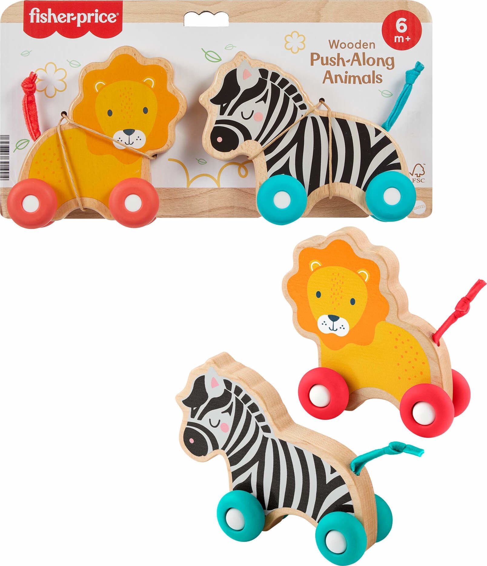 Fisher-Price Wooden Push Along Animals, Lion & Zebra Toy Vehicles for ...