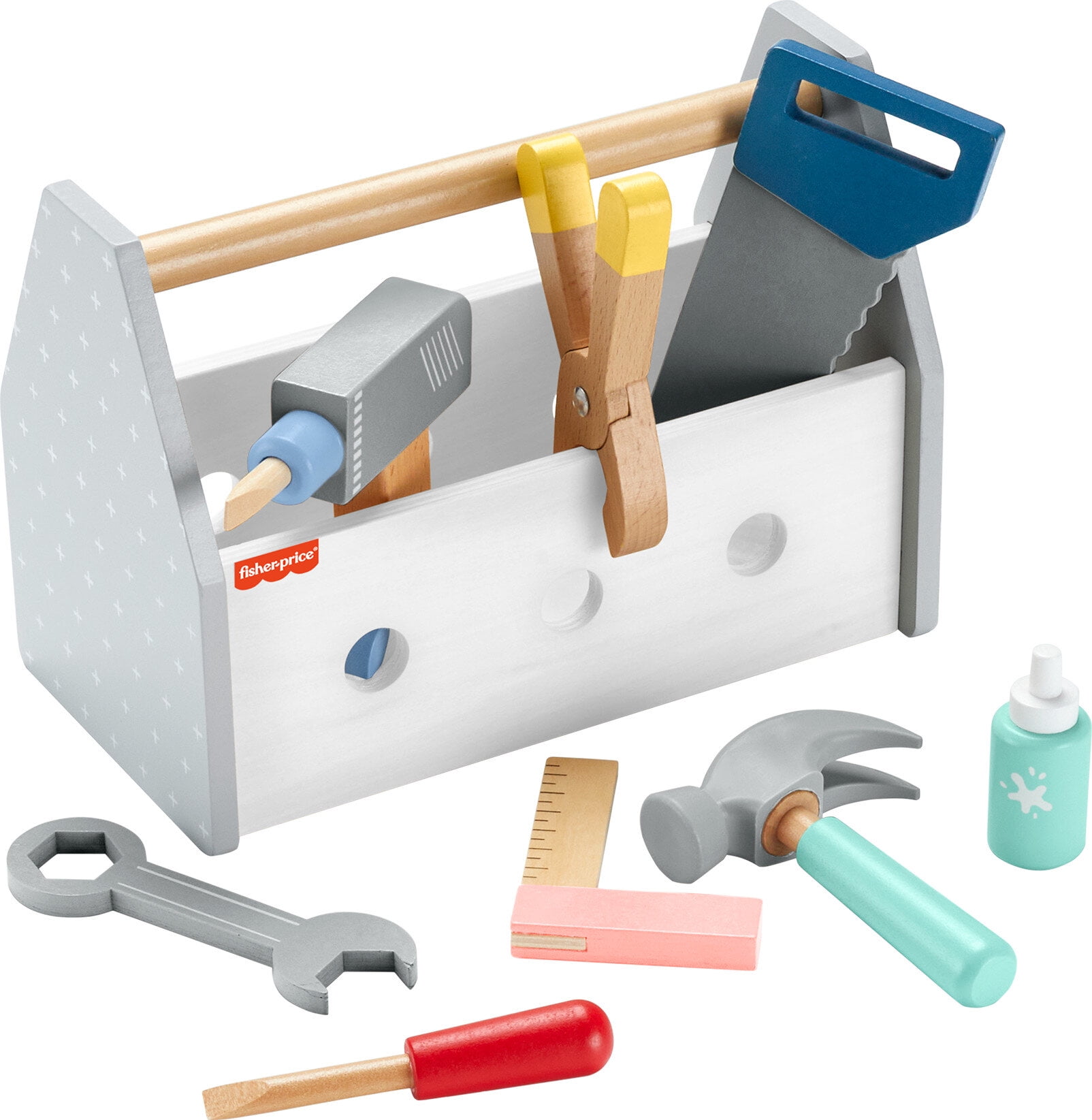 Fisher-Price Wooden Tool Box with Toy Drill, 9 Wood Pieces for ...