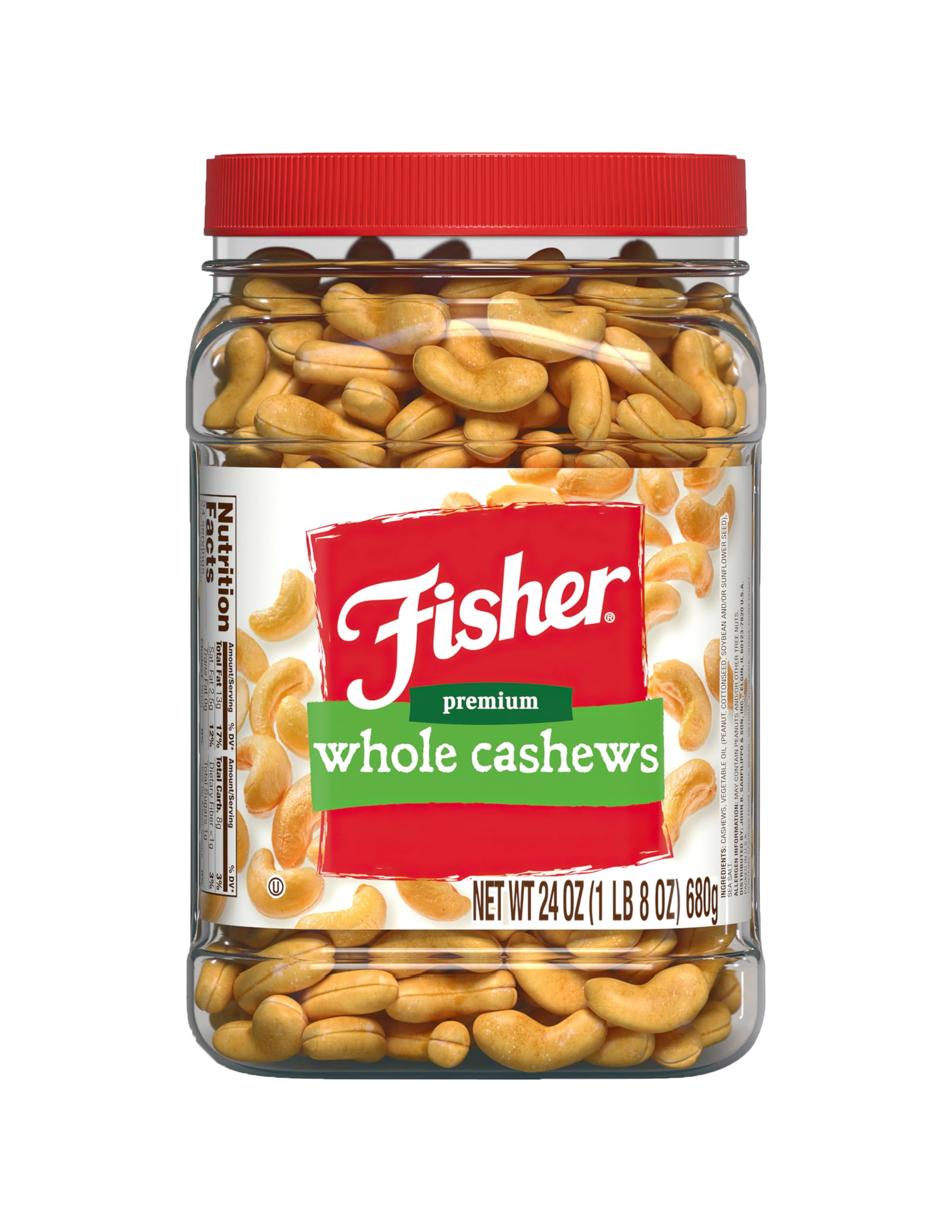 Fisher Snack Premium Whole Cashews, 24 Ounces, Roasted With Sea Salt ...