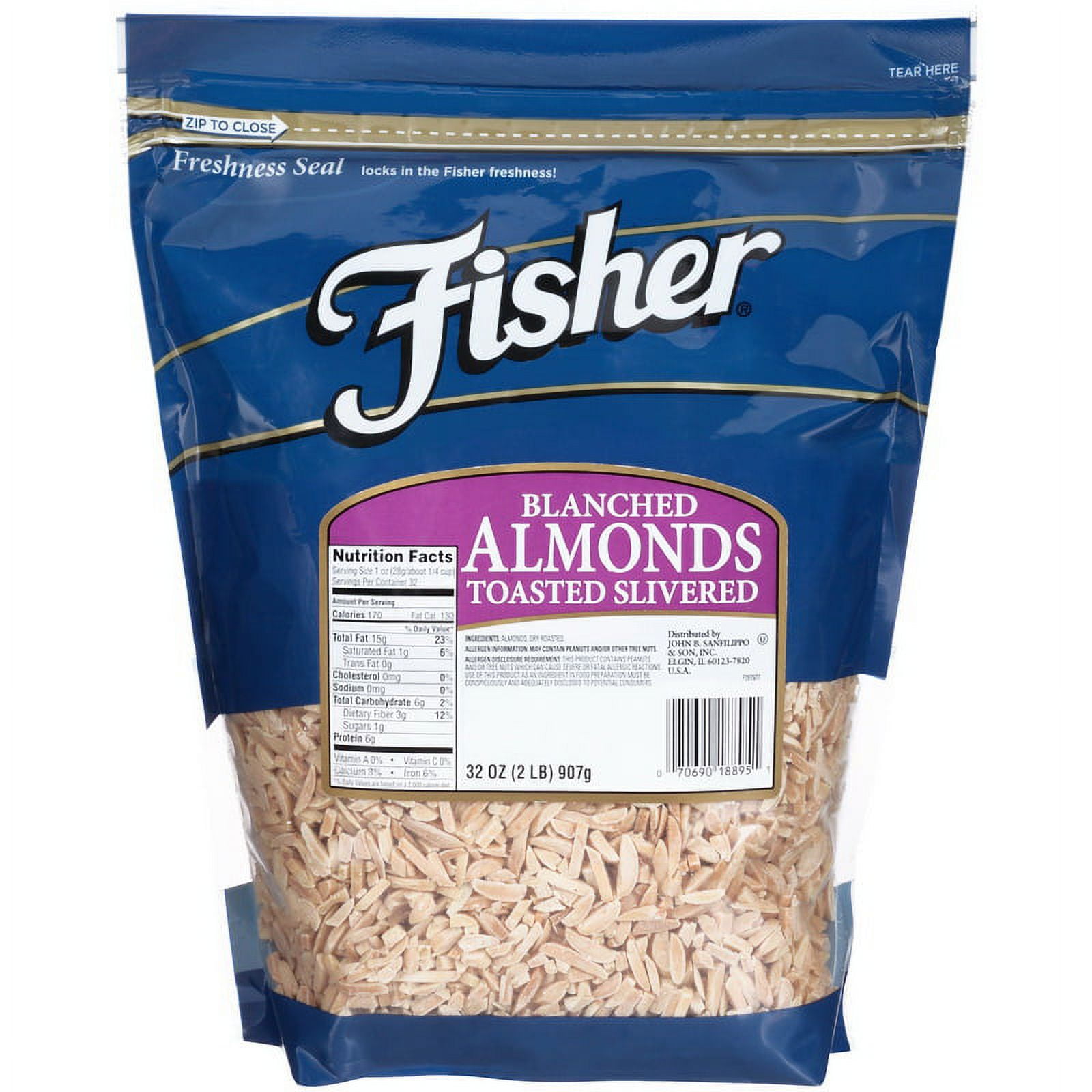 Fisher Toasted Blanched Slivered Almonds; No Salt, 32 oz - Case of 3 ...