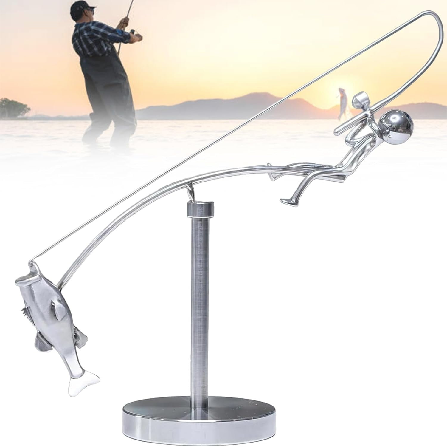 The Fisherman Balancing Sculpture, Metal Kinetic Sculpture Fishing, Home Office Desktop Ornament ...