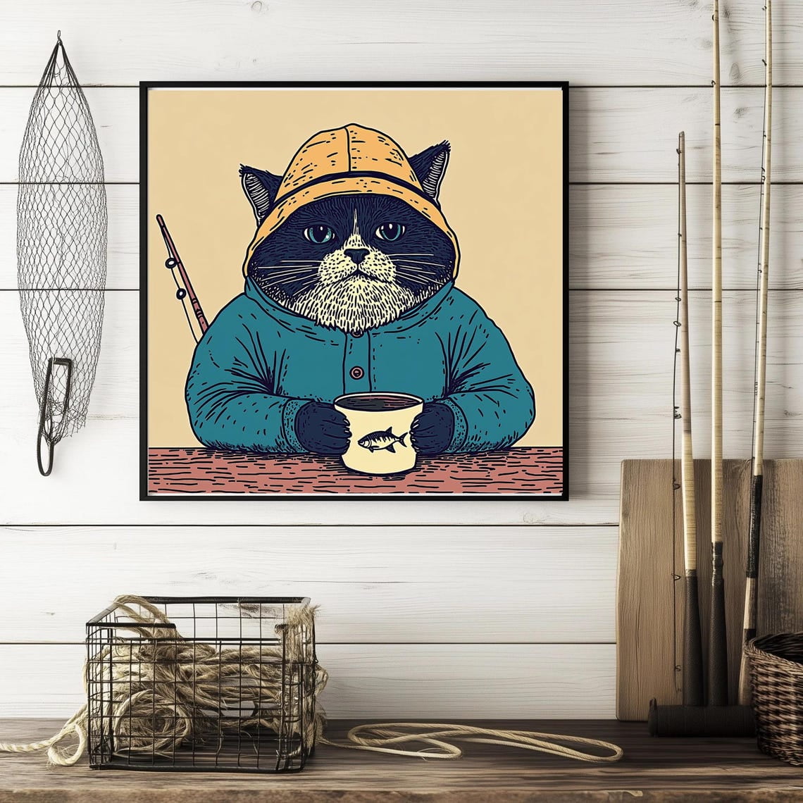 Fisherman Cat Print - Quirky Coffee Bar Art, Funny Coffeehouse Poster ...