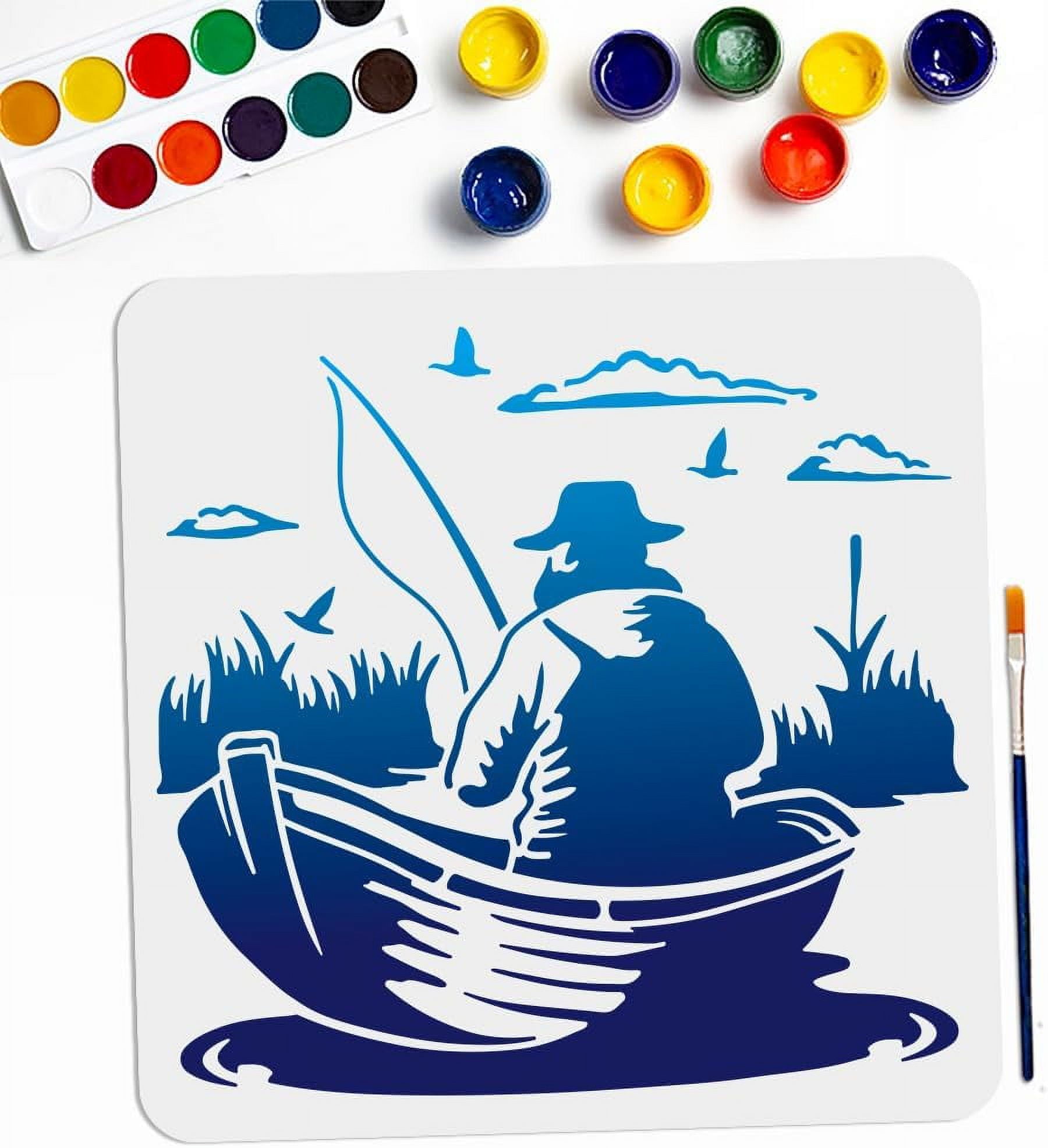 Fisherman in Fishing Boat Stencil 11.8×11.8inch Large Flying Bird ...