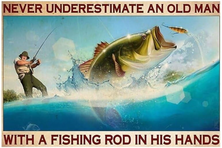 Fisherman Fishing Metal Sign Old Man Holding Fishing Rod Poster Retro ...