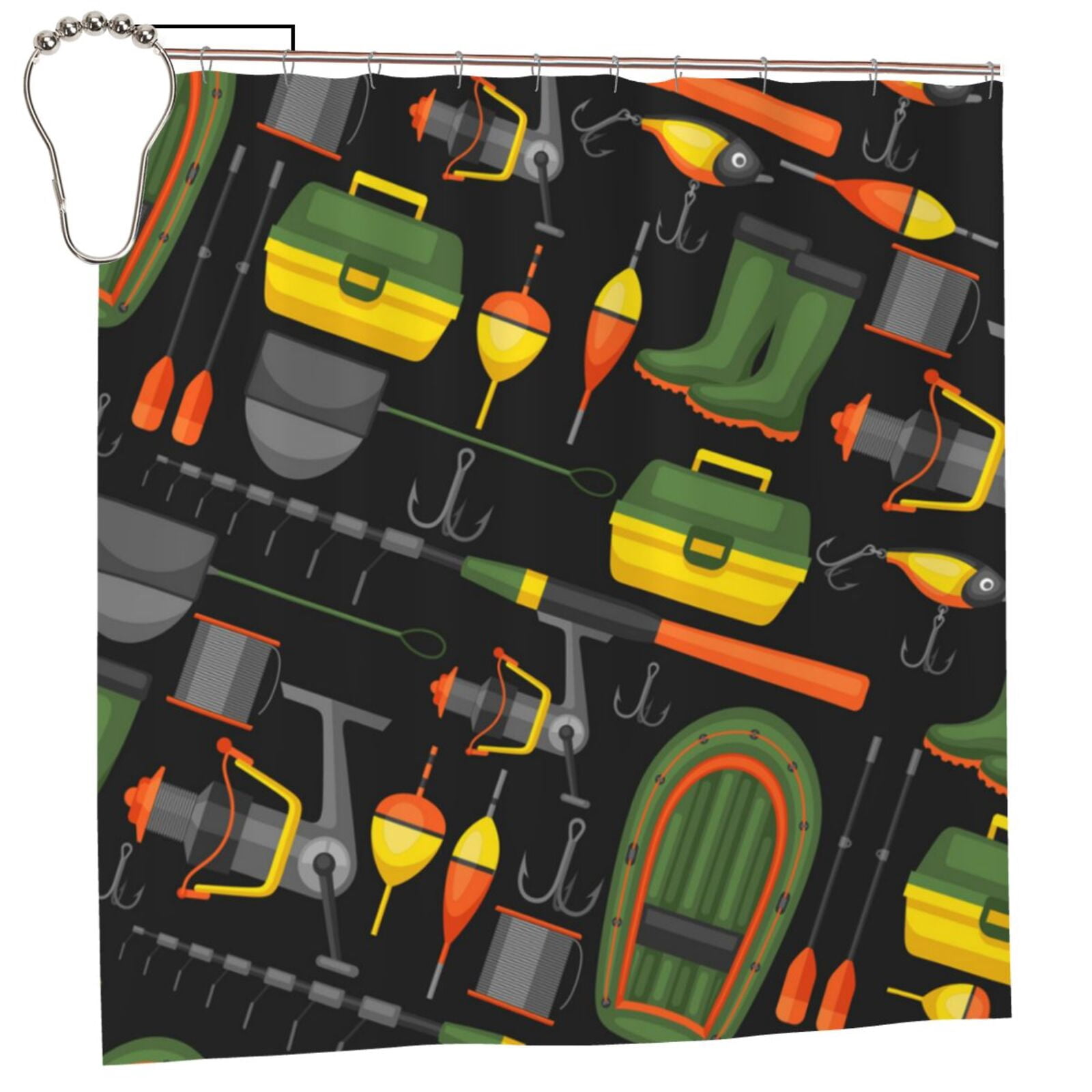 Fisherman Fishing Supplies Bait Shower Curtain with 12 Iron Hooks ...