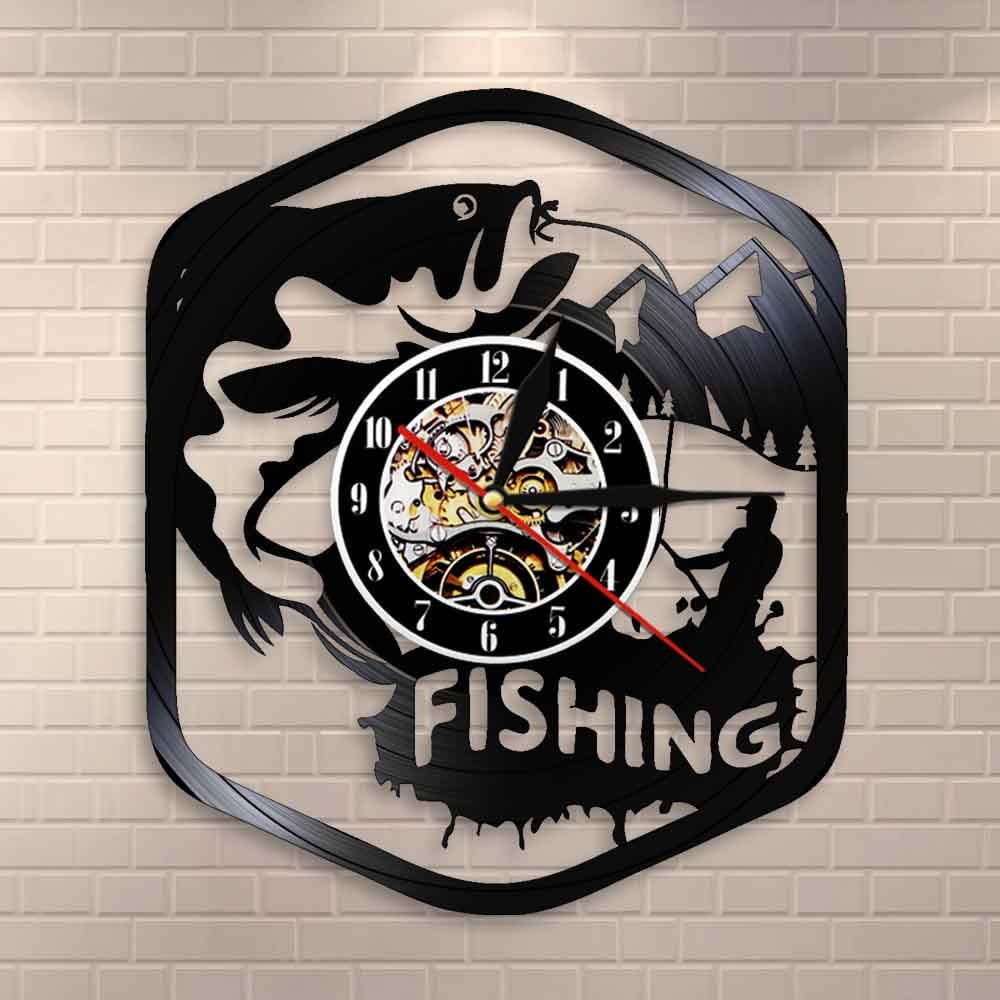 Fisherman Home Decor Silent Quartz Wall Time Clock Fishing Vinyl Record ...