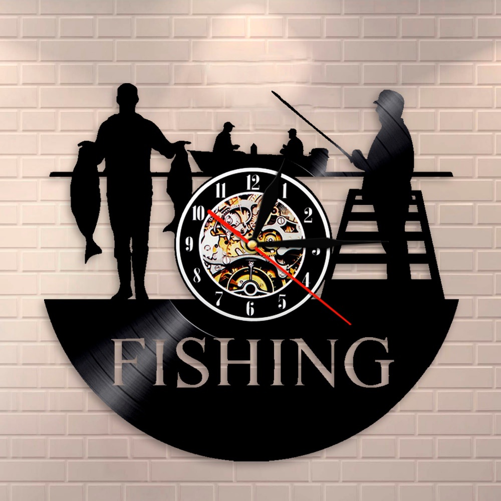 Fisherman Lake Scene Home Decor Mute Quartz Wall Clock Fishing Vinyl ...