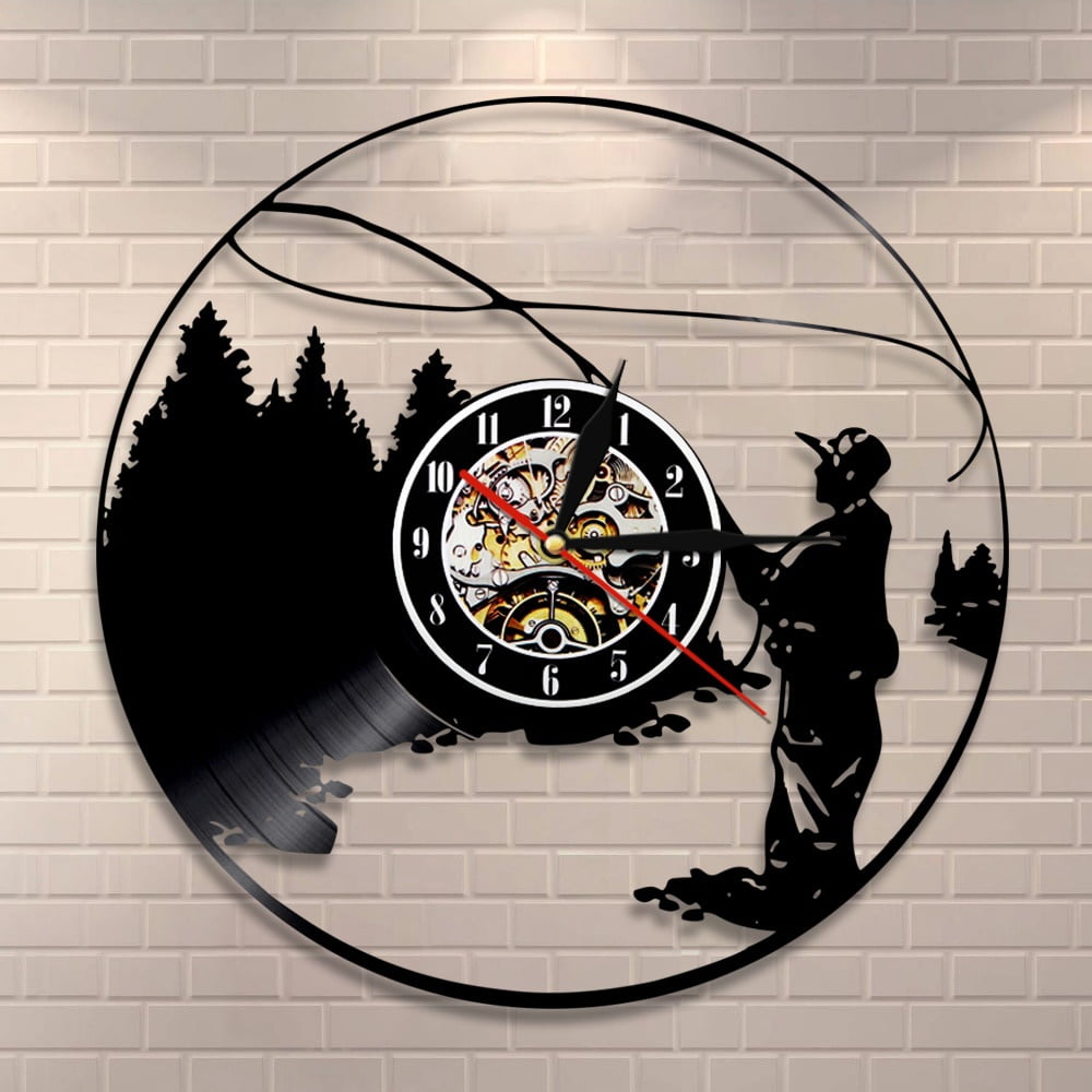 Fisherman Lake Scene Wall Art Home Decor Wall Clock Fishing Vinyl ...