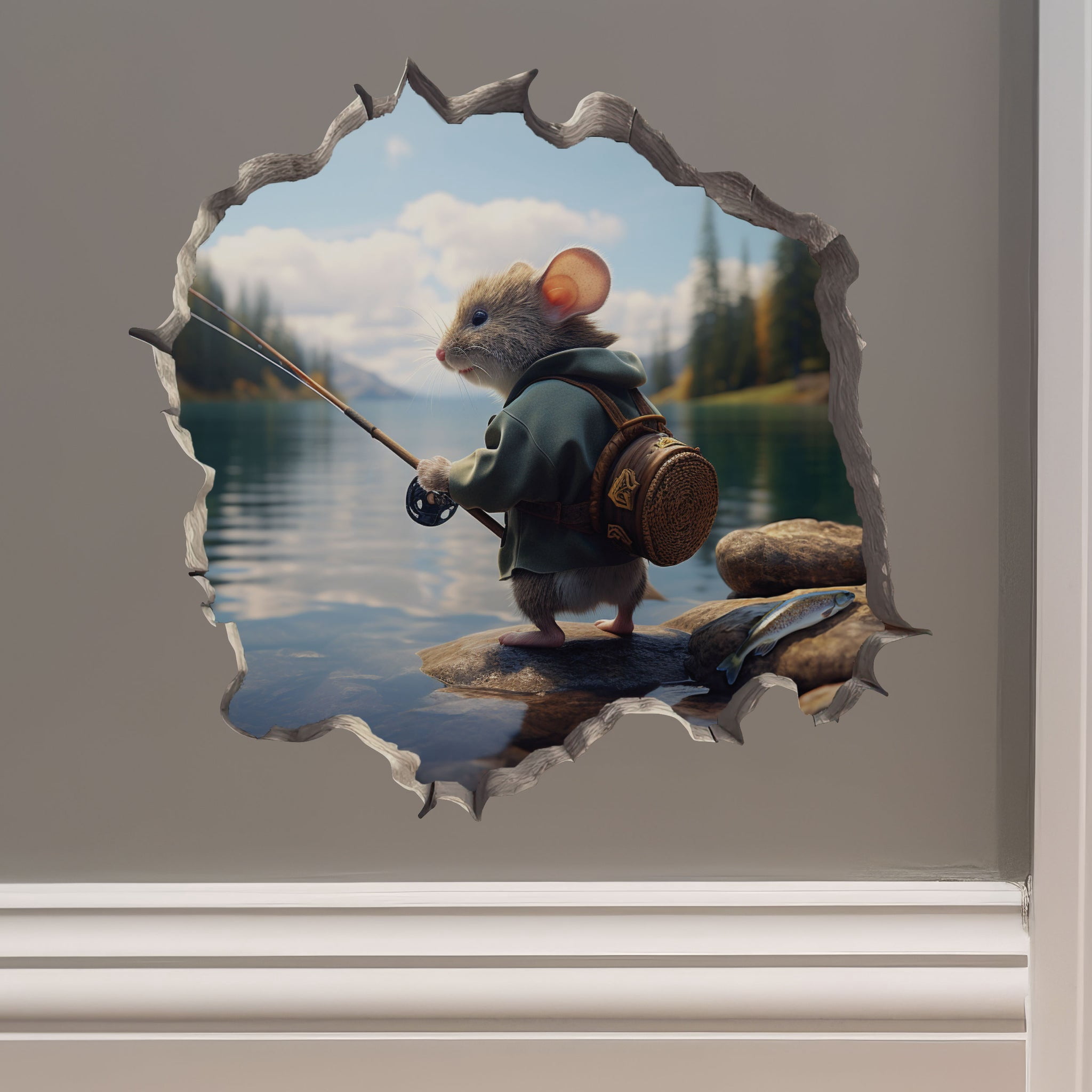 Fisherman Mouse in Mouse Hole Decal - Mouse Hole 3D Wall Sticker ...