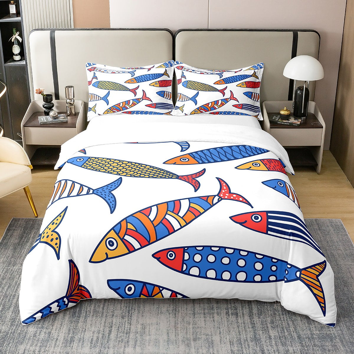 Fishes 100% Cotton Duvet Cover Twin, Aztec Bedding Traditional Fish ...