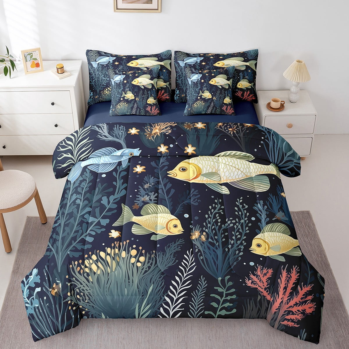 Fishes 7 Pcs Comforter Set King,Ocean Bedding,Underwater World Marine ...