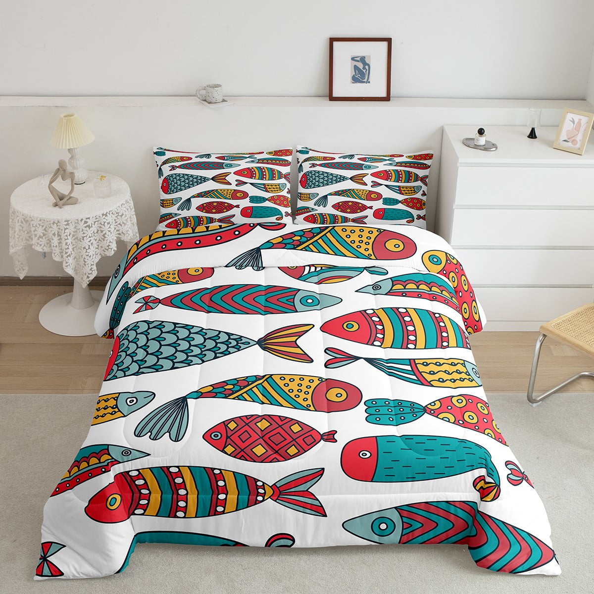 Fishes Comforter Set Queen, Cartoon Fish Bedding For Men Women, Exotic ...
