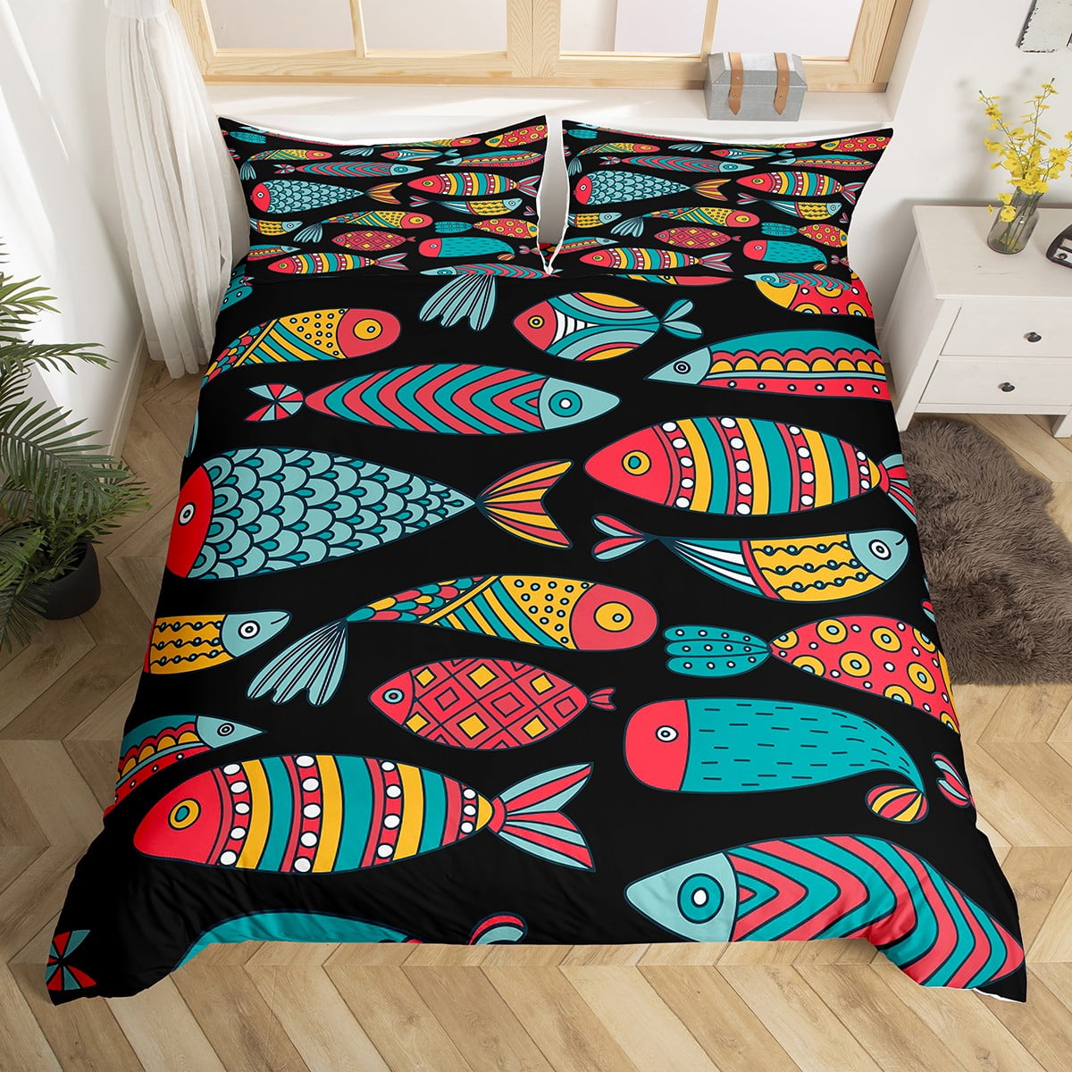 Fishes Duvet Cover Queen, Cartoon Fish Bedding Set For Men Women ...