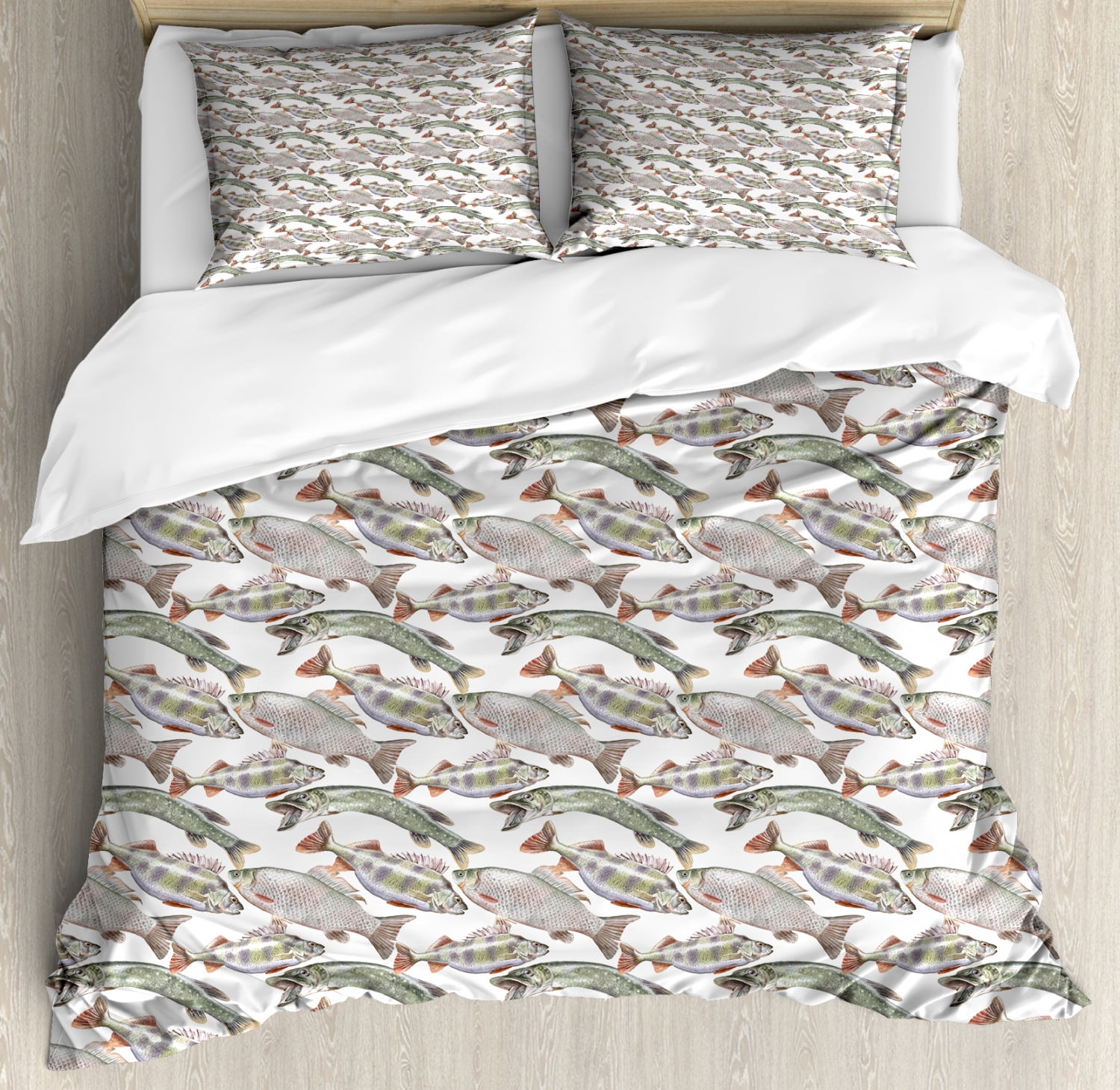 Fishes Duvet Cover Set Queen Size, Watercolor Common Carp Perch and ...