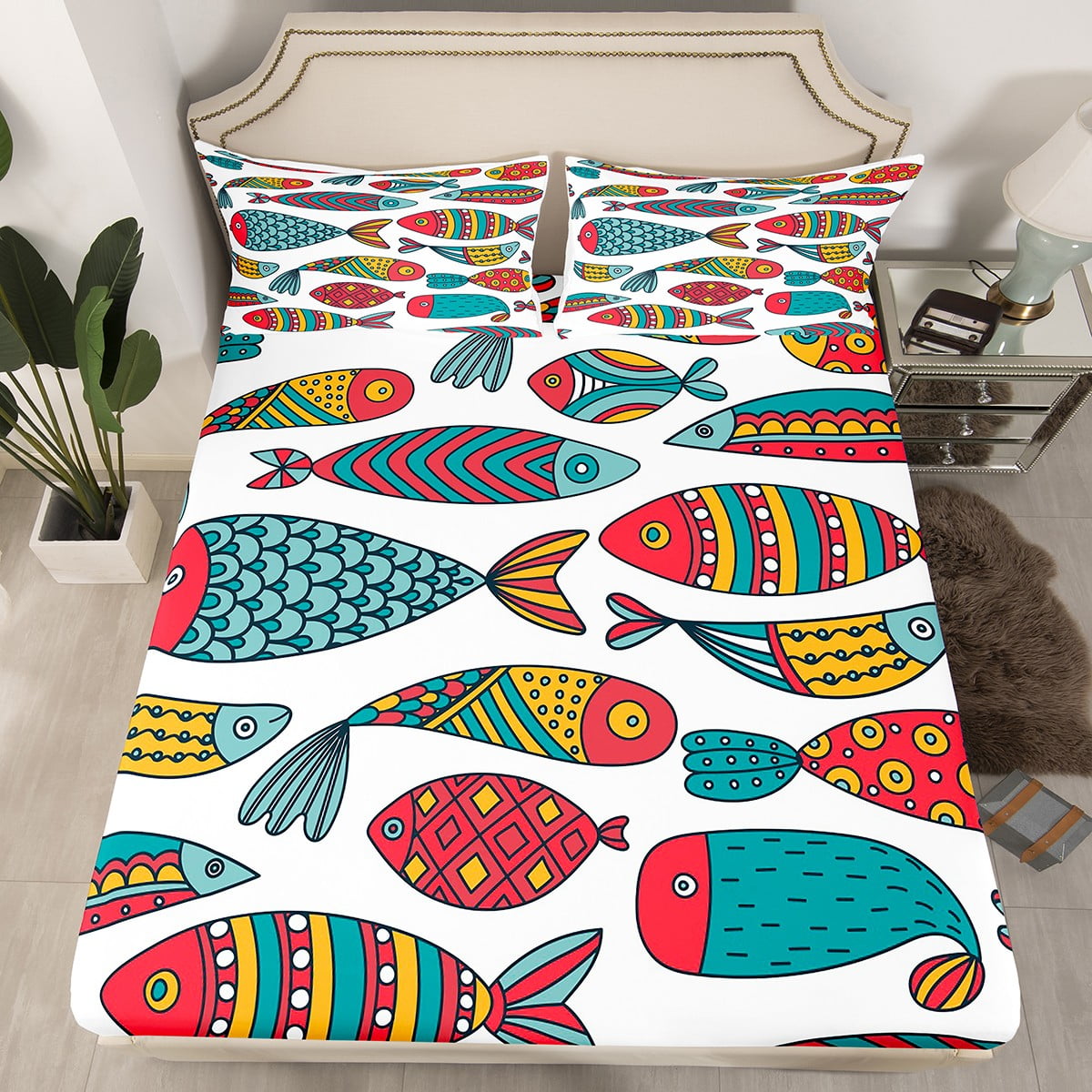 Fishes Fitted Sheet Twin, Cartoon Fish Bed Sheets For Men Women, Exotic ...