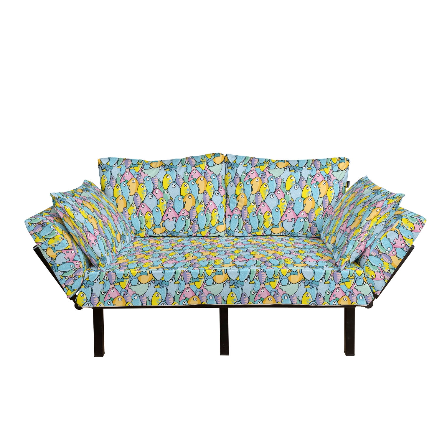 Fishes Futon Couch, Aquatic Animalia in Cartoon Sketch Style Maritime ...