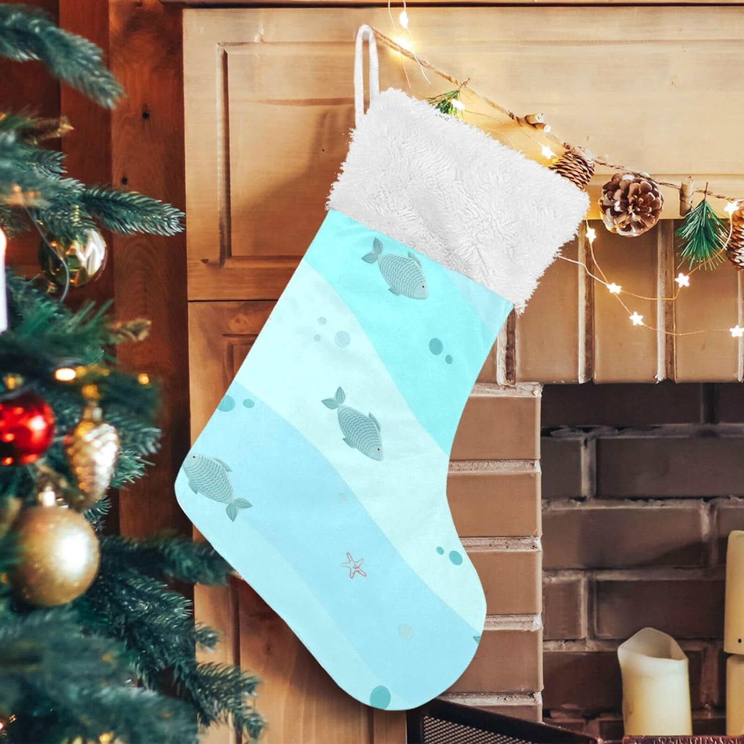 Fishes Pattern Large Christmas Stockings, Hanging Xmas Stockings Candy ...