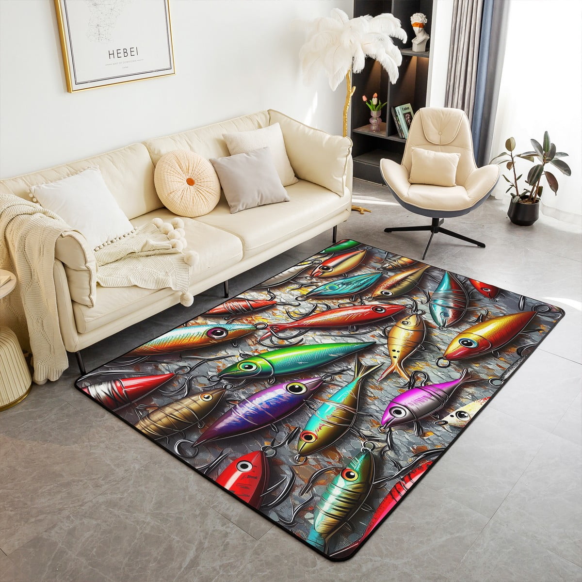 Fishing Area Rug 5x6'6'', Colorful Fish Themed Rug for Bedside Living ...