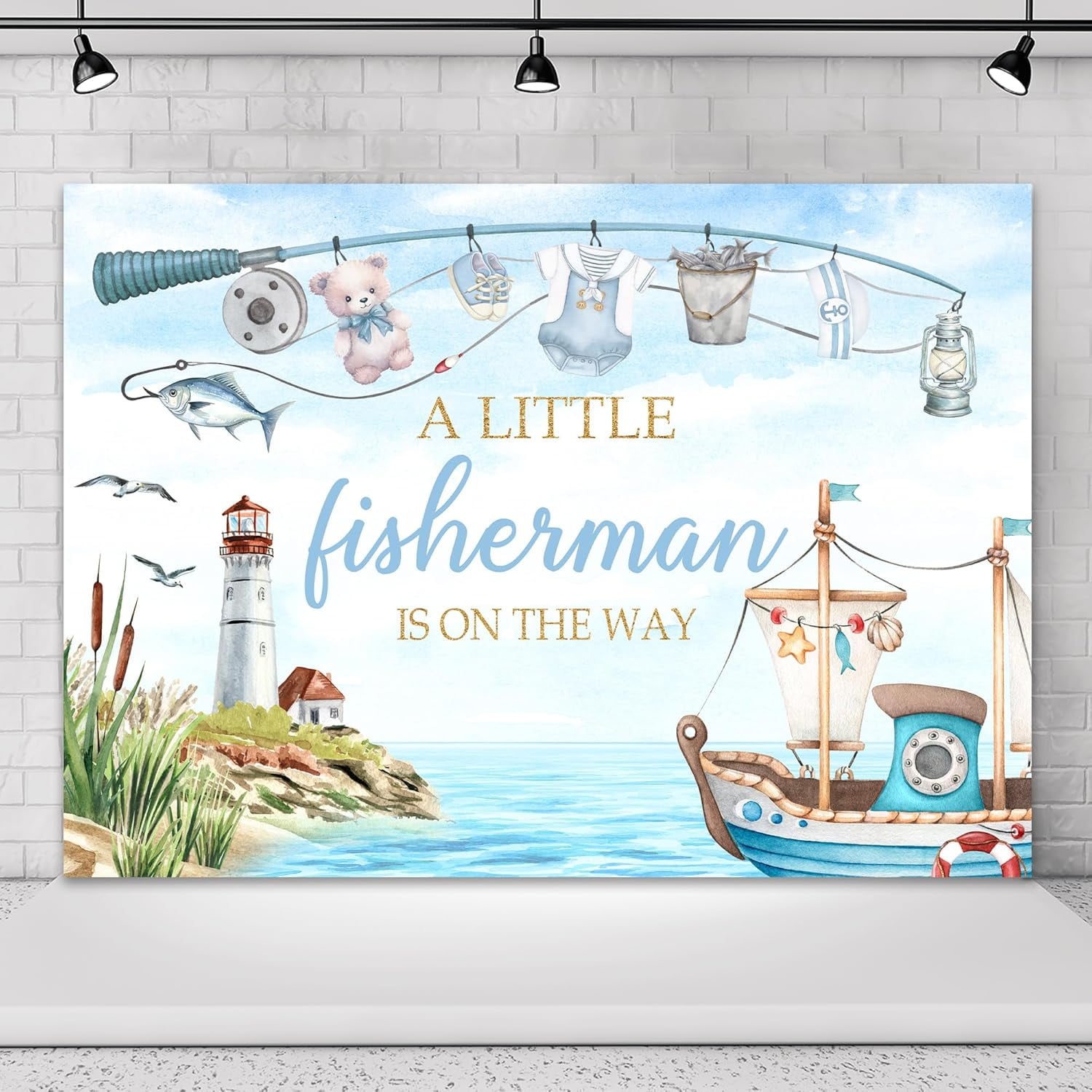 Fishing Baby Shower Backdrop for Photography A Little Fisherman is on ...