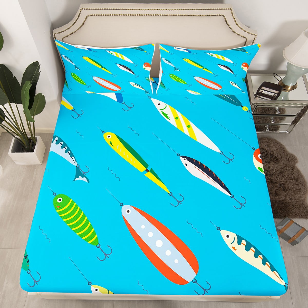 Fishing Bait Fitted Sheet Full, Cartoon Fishes Bed Sheets For Kids Boys ...