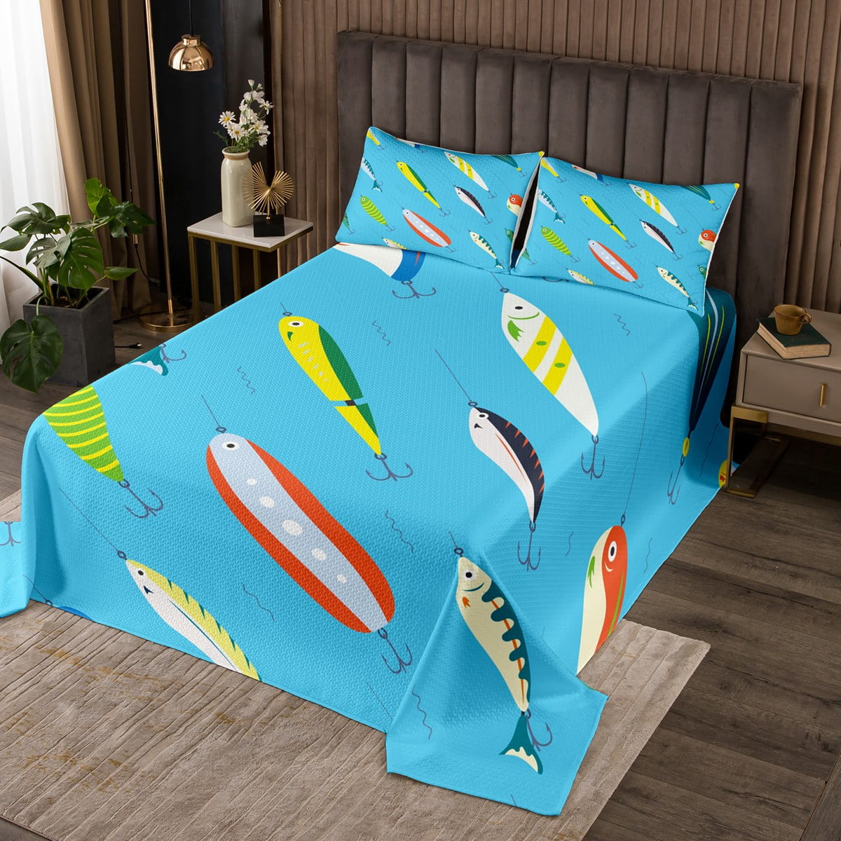 Fishing Bait Quilt Set Twin, Cartoon Fishes Bedspread Set For Kids Boys ...