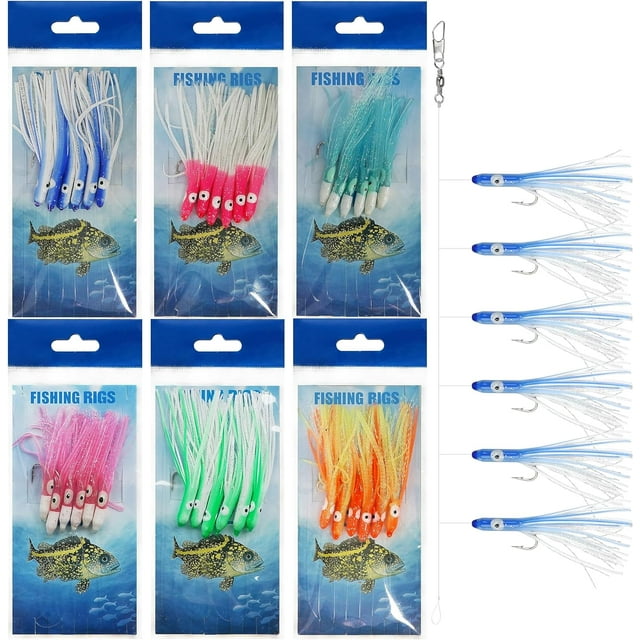 Fishing Bait Rigs Saltwater Set,6 Packs Surf Fishing Rigs with Glow Soft Squid Skirt Fishing ...