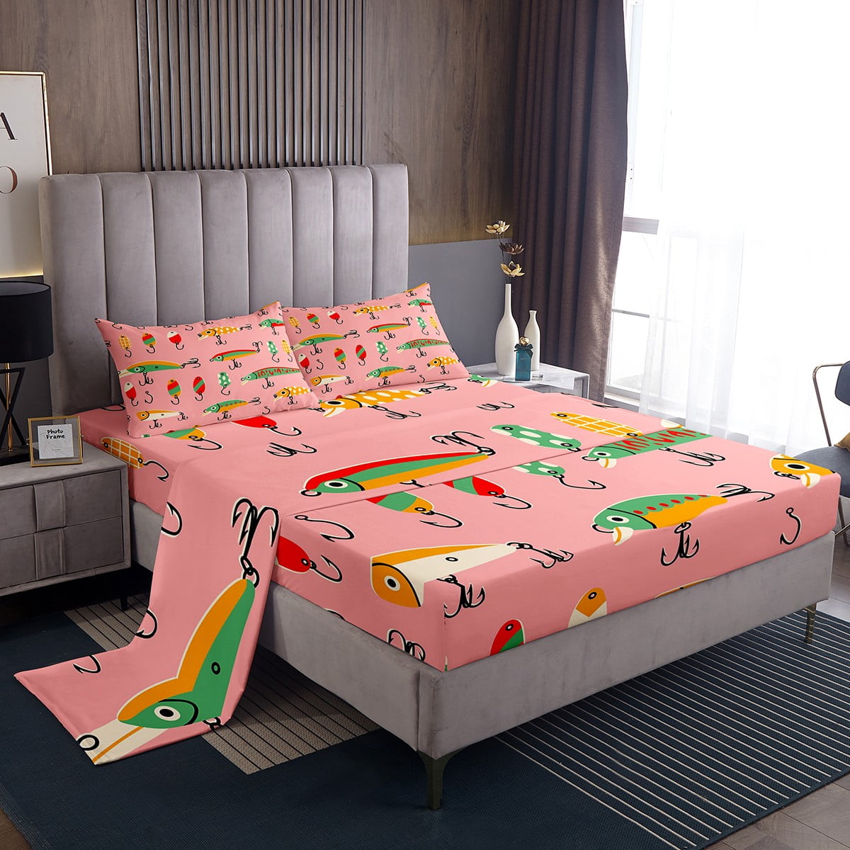 Fishing Bed Sheets Set Twin, Fishing Hook Sheet Set, Hand Drawn Green ...