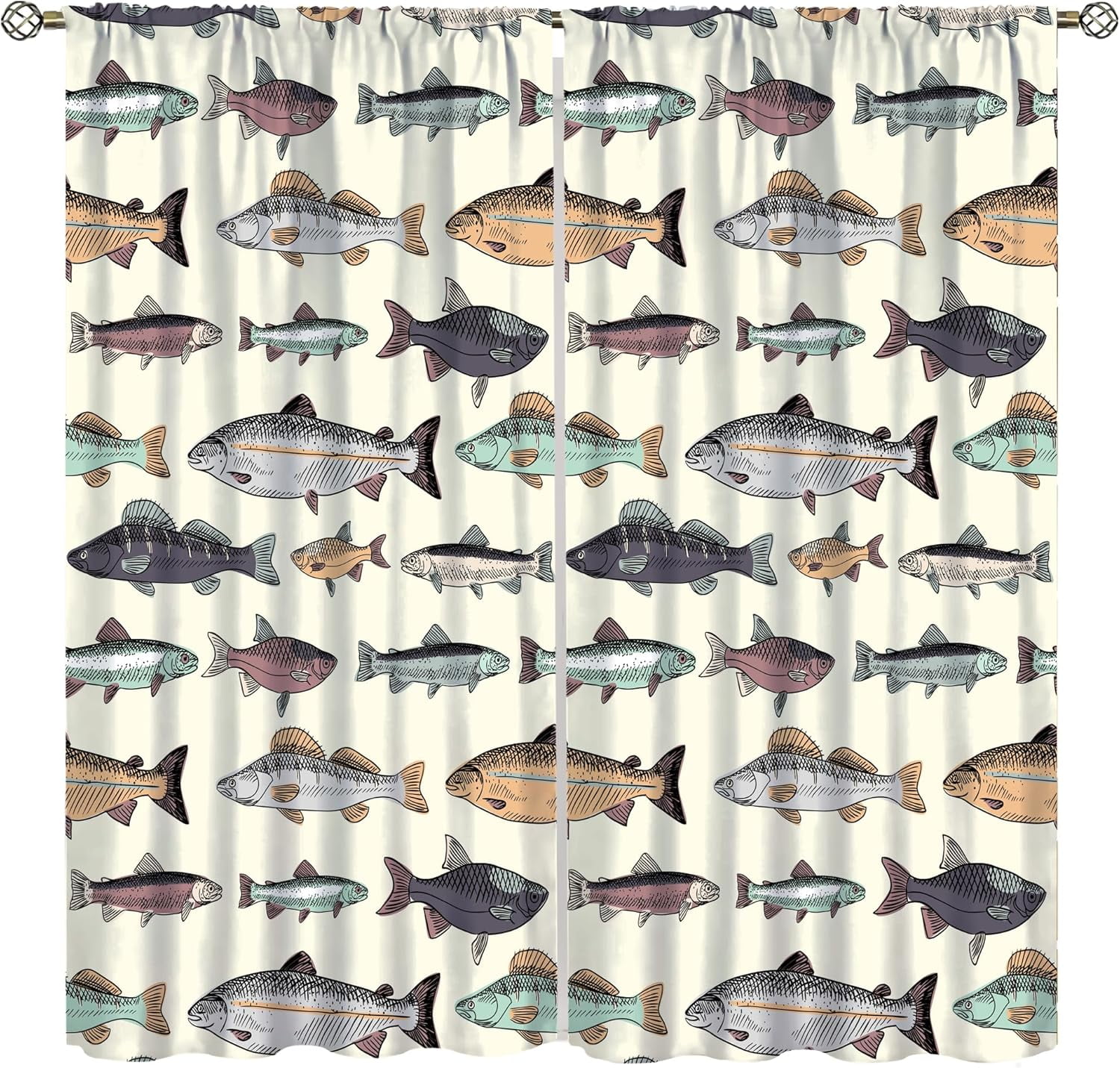 Fishing Blackout Curtain Retro Fish Drawing Fishing Window Curtain ...
