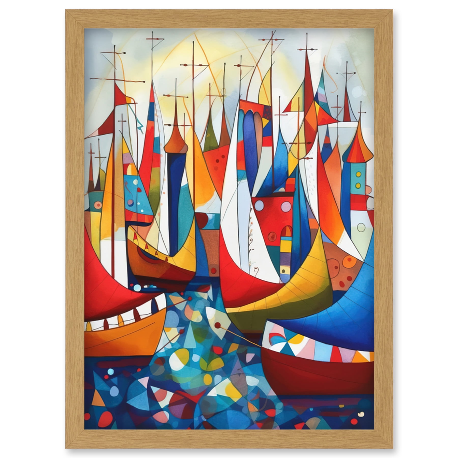 Fishing Boats At Sea Folk Art Watercolour Painting Artwork Framed Wall ...