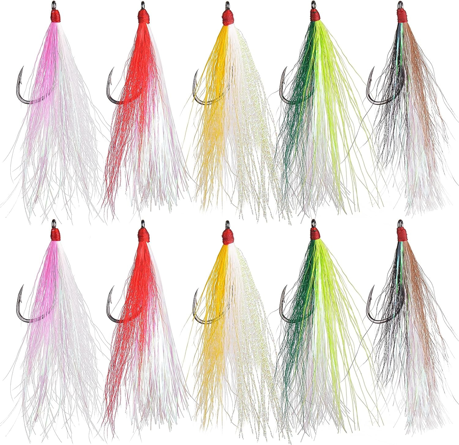VanRolldex Fishing Bucktail Teaser Hooks, 10pcs High Carbon Steel, Crystal Flash Feather Skirt ...