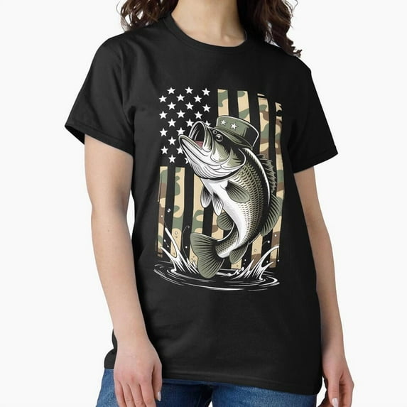 Fishing Camo American Flag Bass Fish Outdoors Sport Angler Design T ...