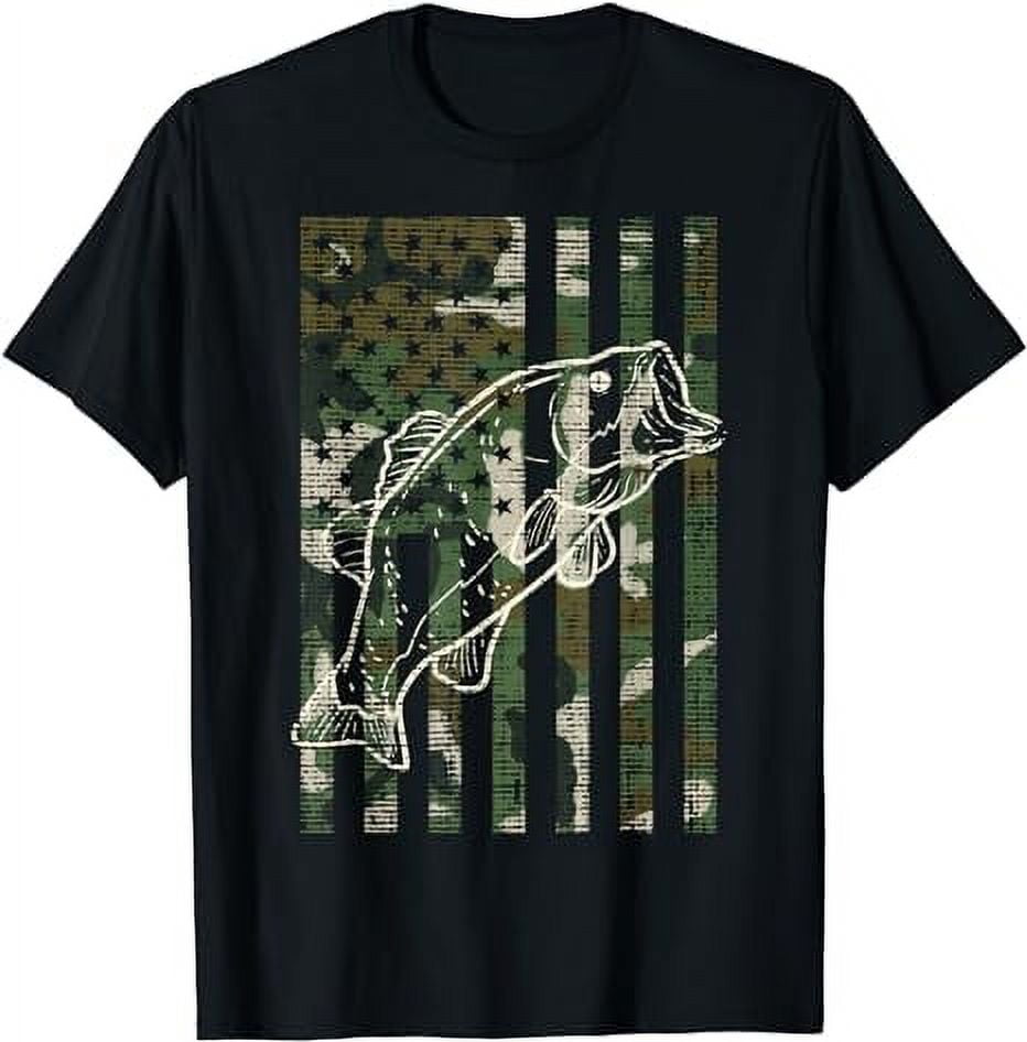 Fishing Camo US Flag Fish Bass Patriot Fisherman Dad Gift T-Shirt ...