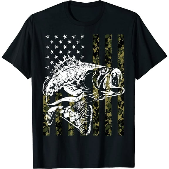 Fishing Camo American Flag Bass Fish Outdoors Sport Design T-Shirt, for ...
