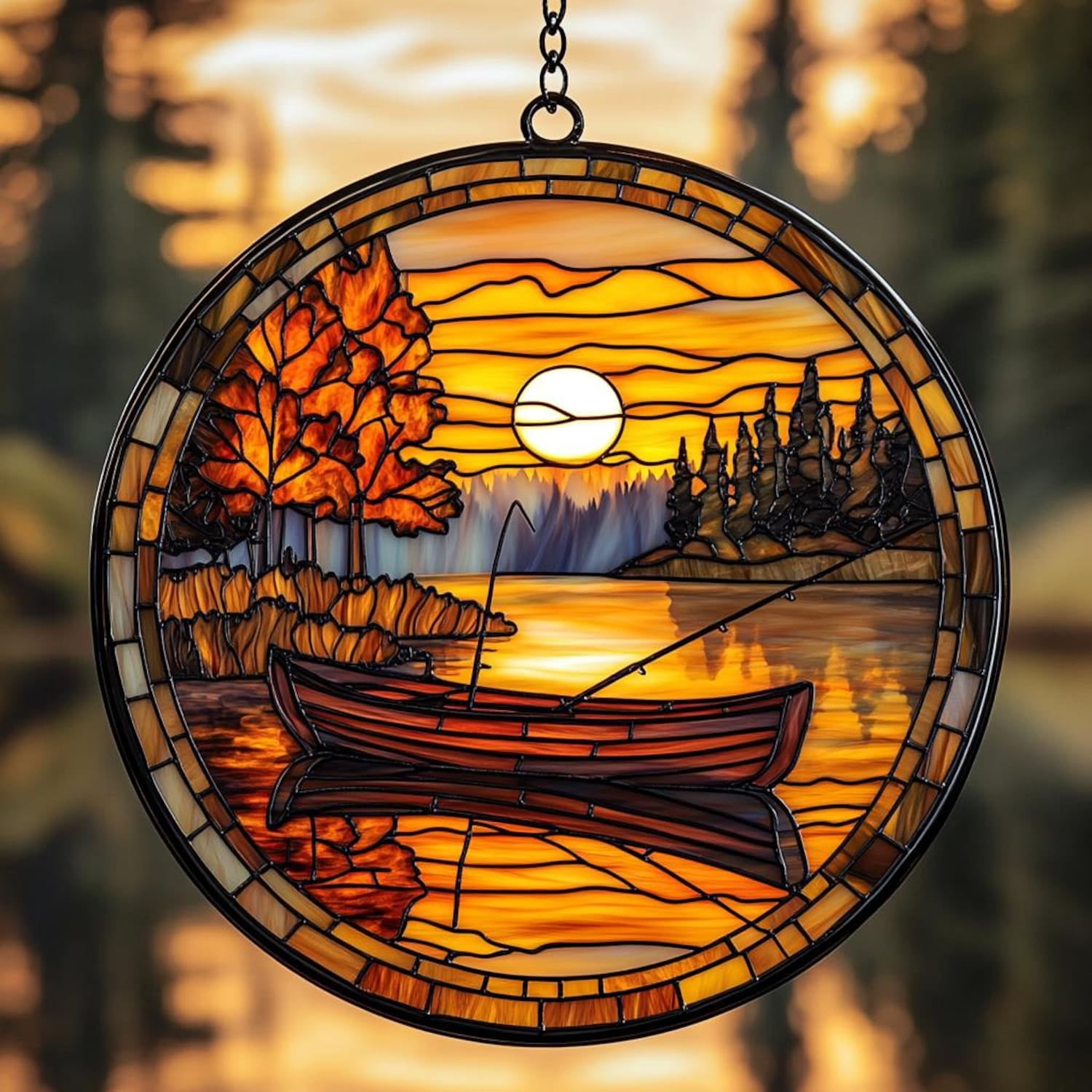 Fishing Canoe Acrylic Suncatcher - Autumn Lake Scene Faux Stained Glass ...