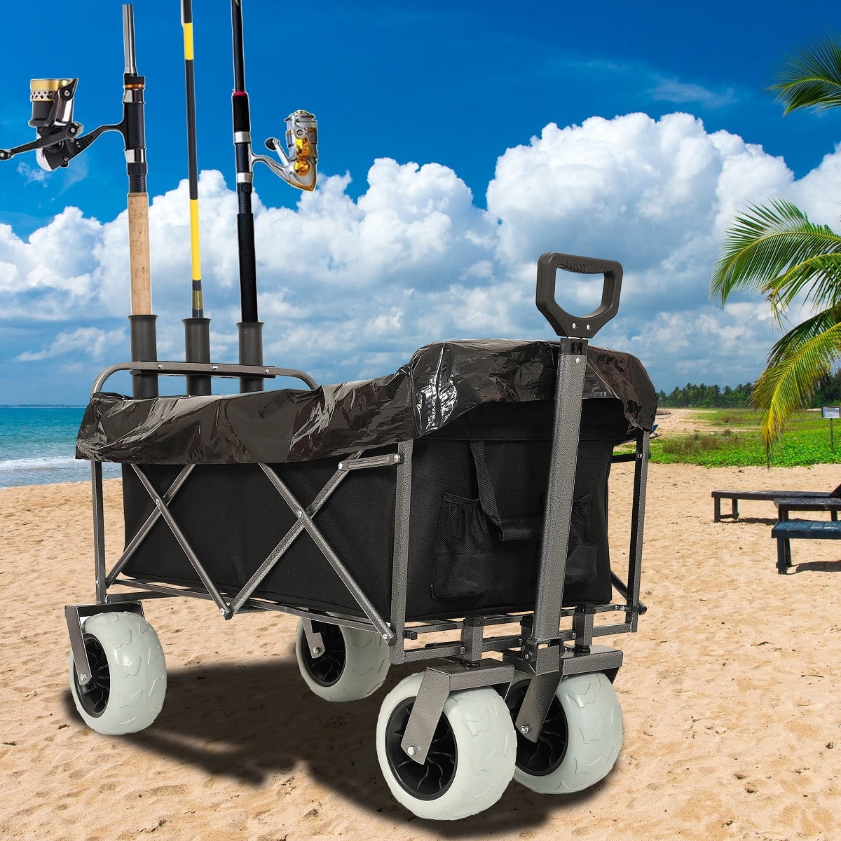 Fishing Cart Beach Wagon with Rod Holders Big Wheels 9" Tires for Sand ...