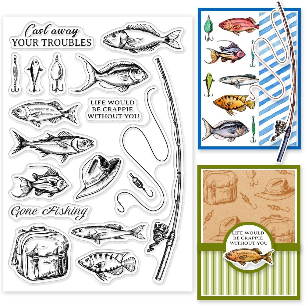 Fishing Clear Stamps Rod Backpack Silicone Clear Stamp Seals Hat Bait ...