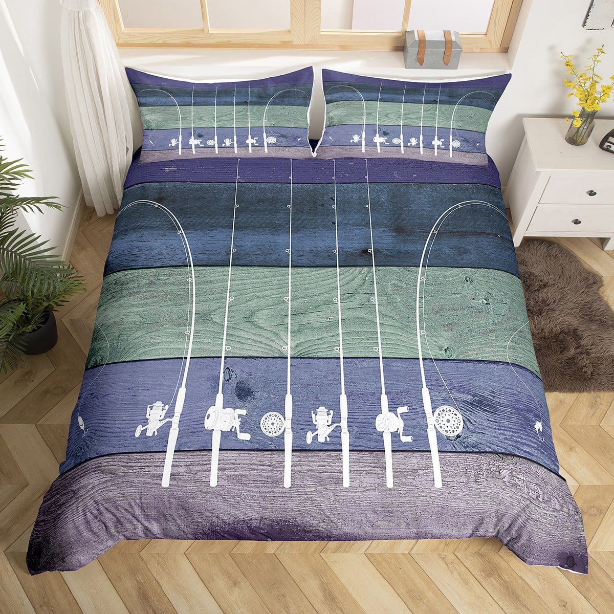 Fishing Comforter Cover Queen Fishing Pole Duvet Cover Fishing Gifts ...