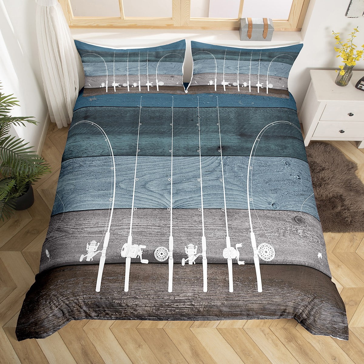 Fishing Comforter Cover Queen Fishing Pole Duvet Cover Fishing Gifts ...