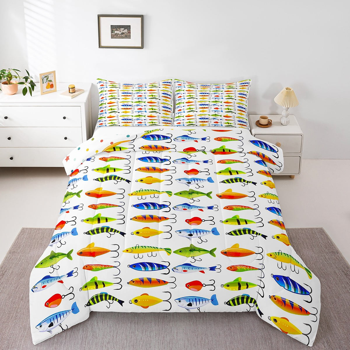 Fishing Down Comforter Fishing Hunting Hook Bedding Set Tropical Marine ...