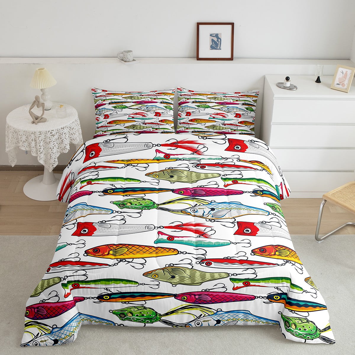 Fishing Comforter Set Full, Fishing Hook Bedding , Hand Drawn Green Red ...