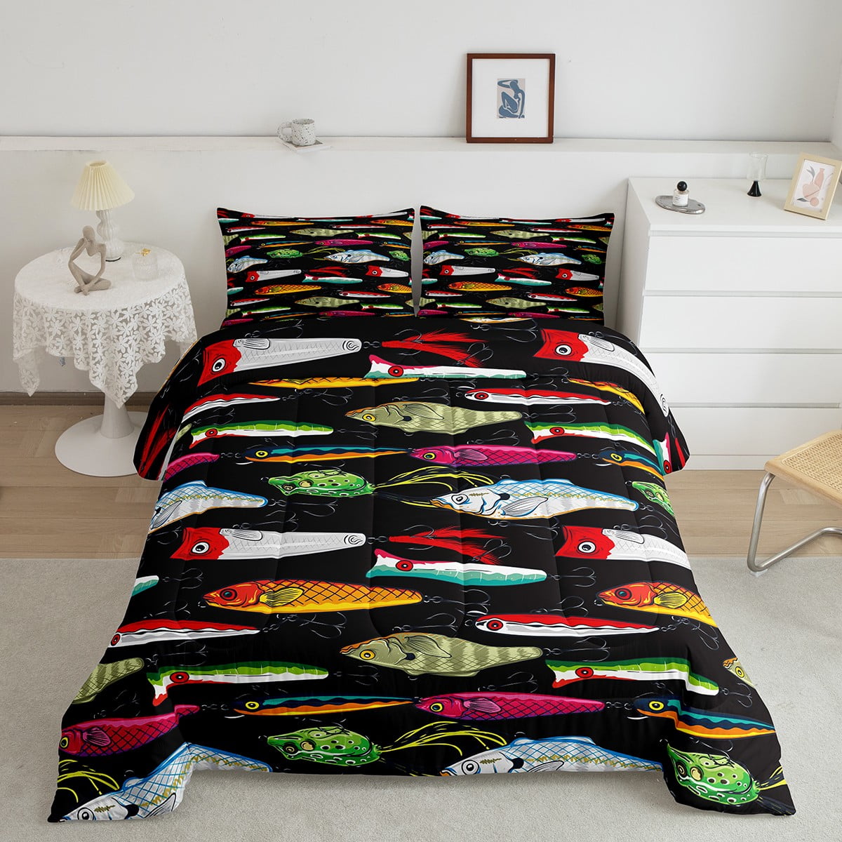 Fishing Comforter Set King, Fishing Hook Bedding For Boys, Hand Drawn ...