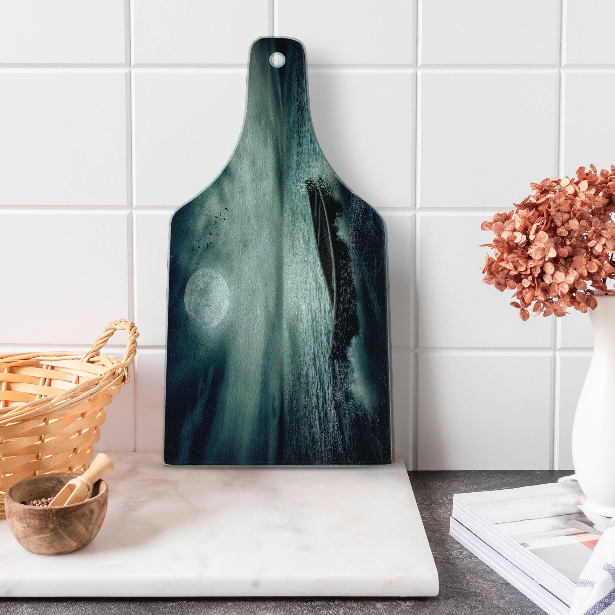 Fishing Cutting Board, Boat Drifting in Ocean Full Moon Dramatic Night ...