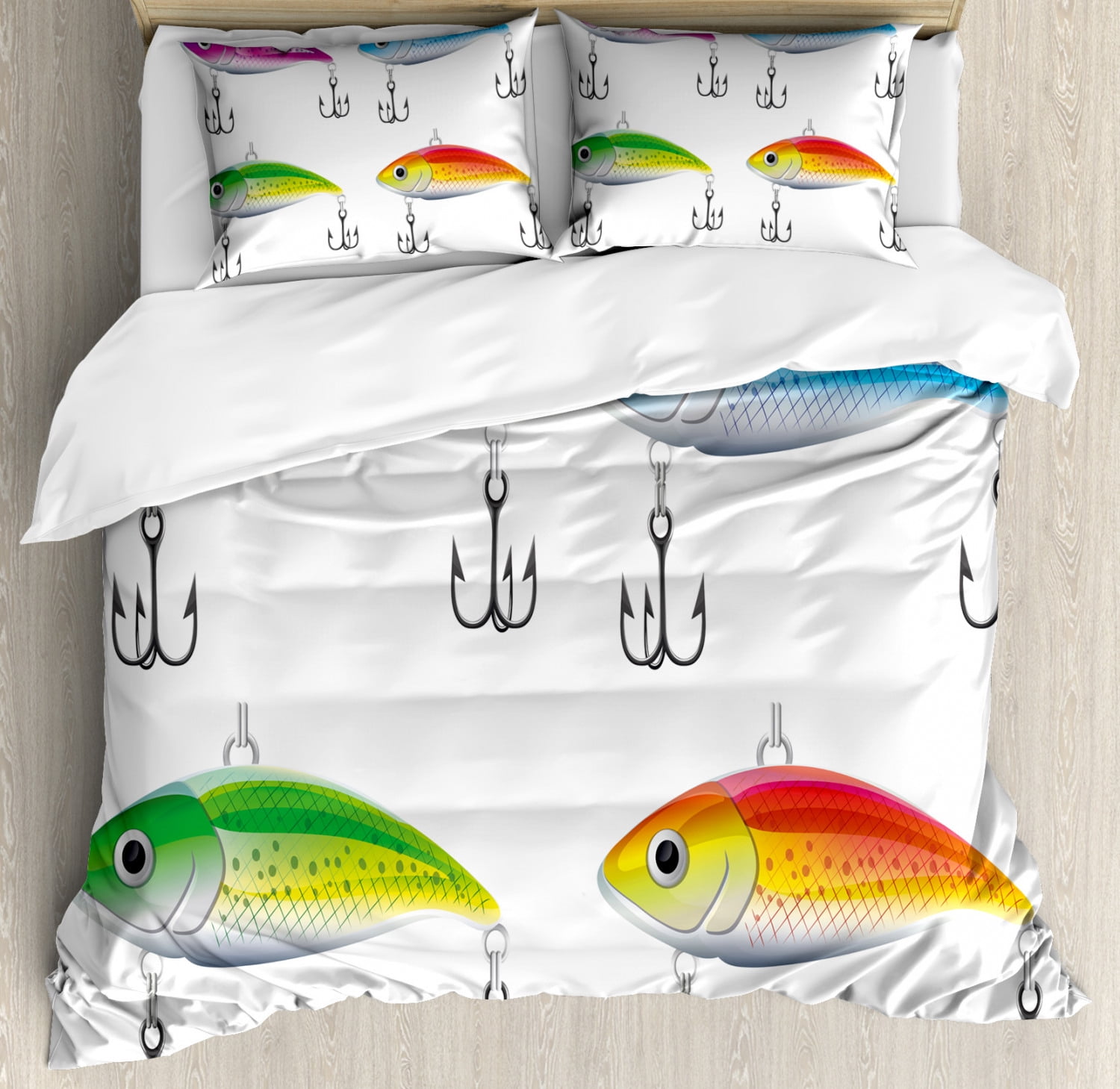 Fishing Decor King Size Duvet Cover Set, Collection of Fishing Lures in ...