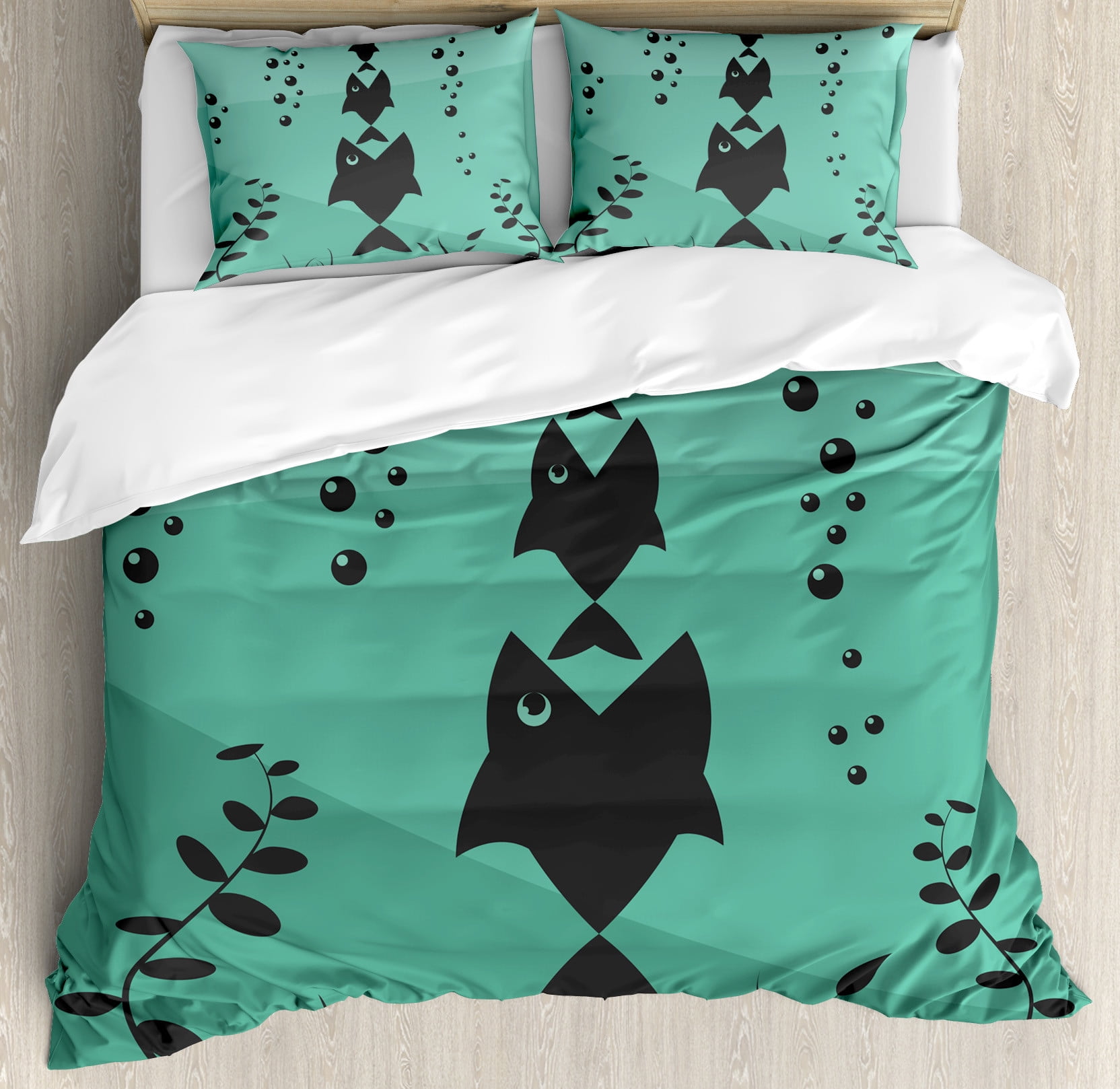 Fishing Duvet Cover Set, Big Fish Eats Little Small in Bubbles ...