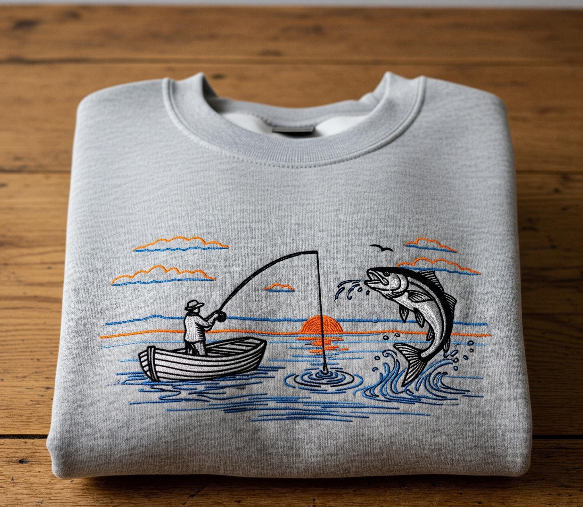 Fishing Embroidered Sweatshirt – Angler and Big Fish Pullover, Outdoor ...
