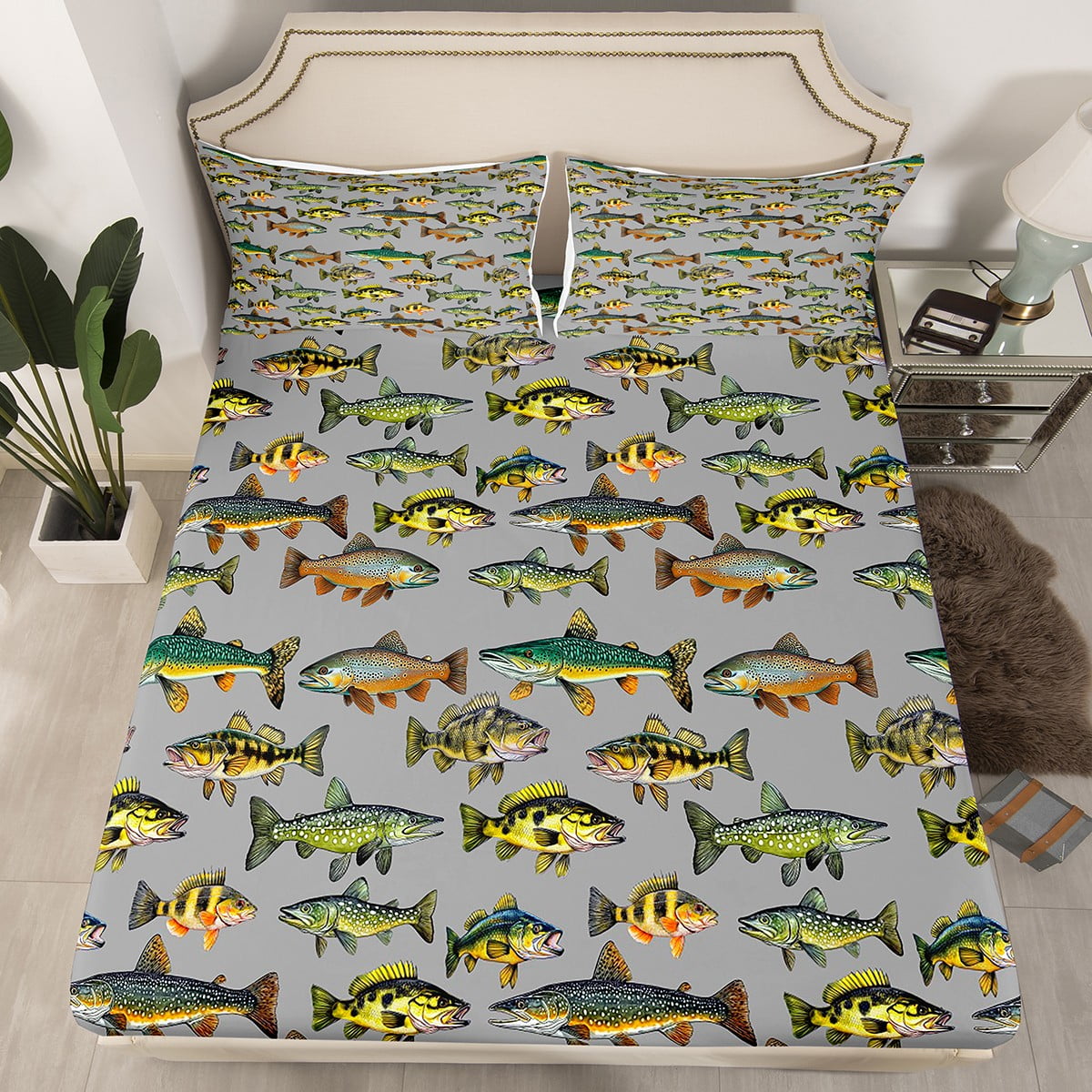 Fishing Fitted Sheet Full Size, Retro Pike Fish Bed Sheets For Men ...